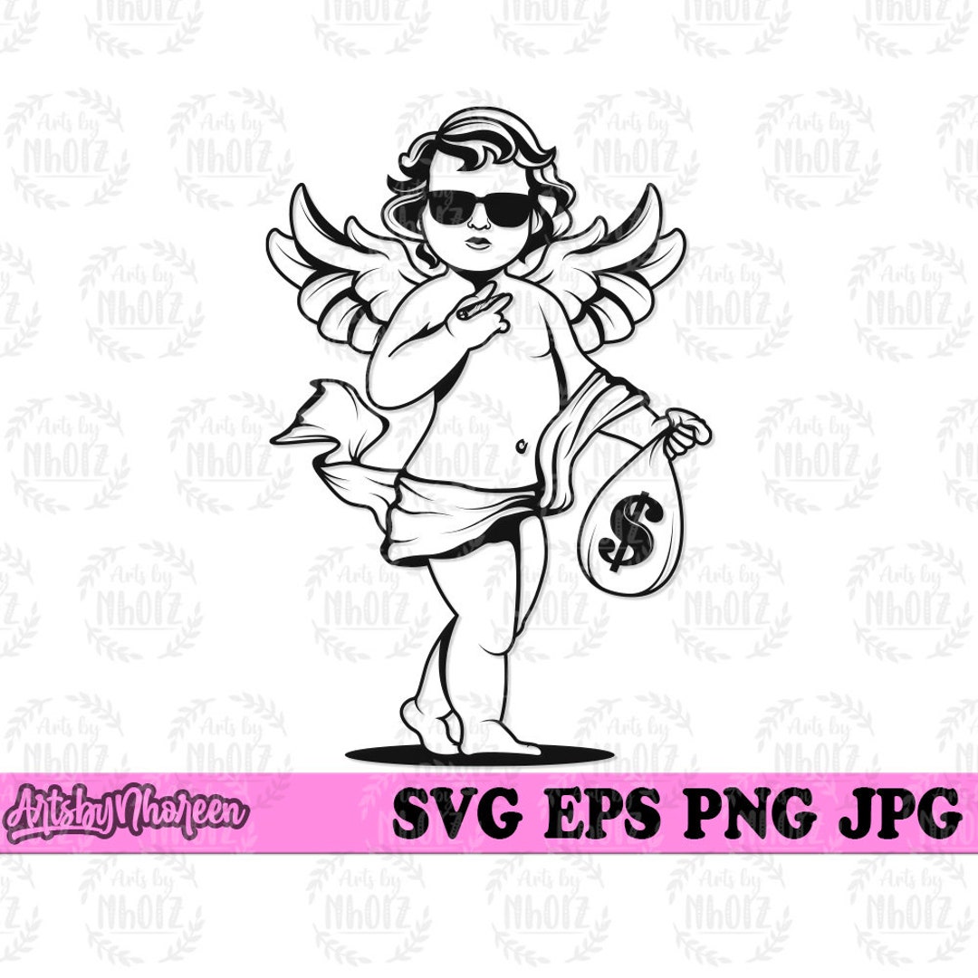 Gangster Cherub With Money Bag Svg, Hipster Cupid Cut File, Mafia Kid ...