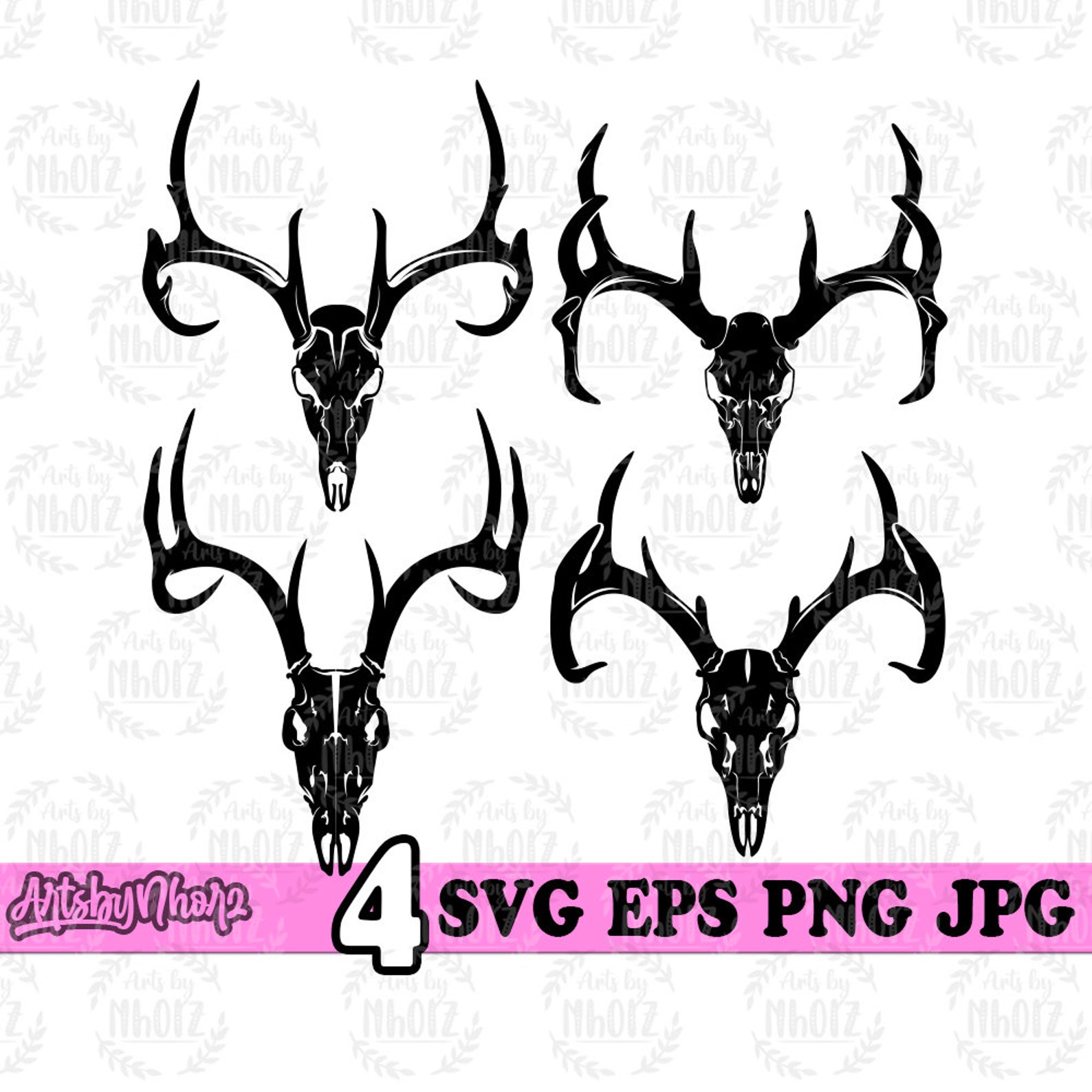 4 Deer Skull SVG Bundle, Deer Hunting Svg, Deer Skull Clipart, Deer ...