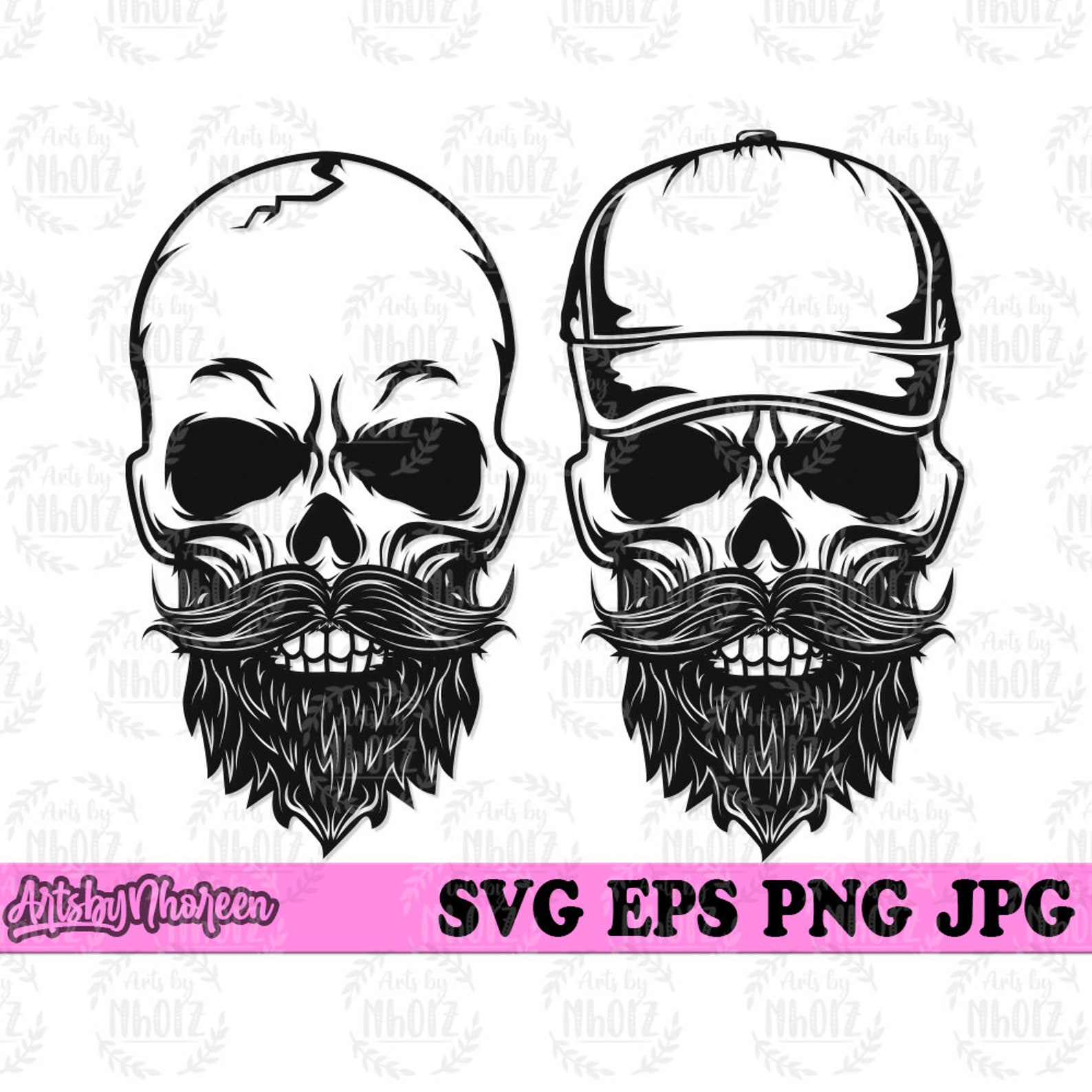 2 Beard Skull Svg, Bald Skeletal Head Man Clipart, Skull With Cap or ...