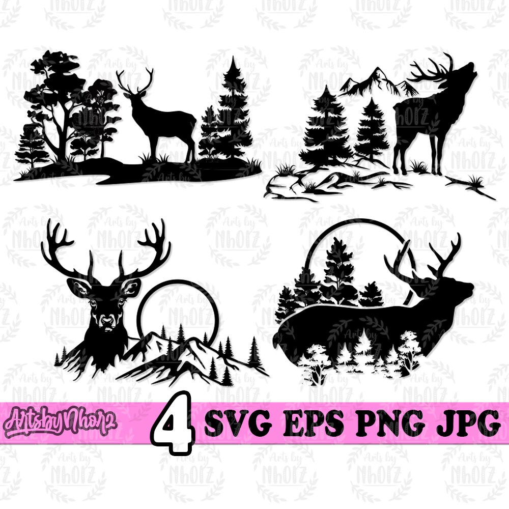 4 Deer Scene SVG Bundle, Deer Bundle Svg, Outdoor Deer PNG Bundle ...