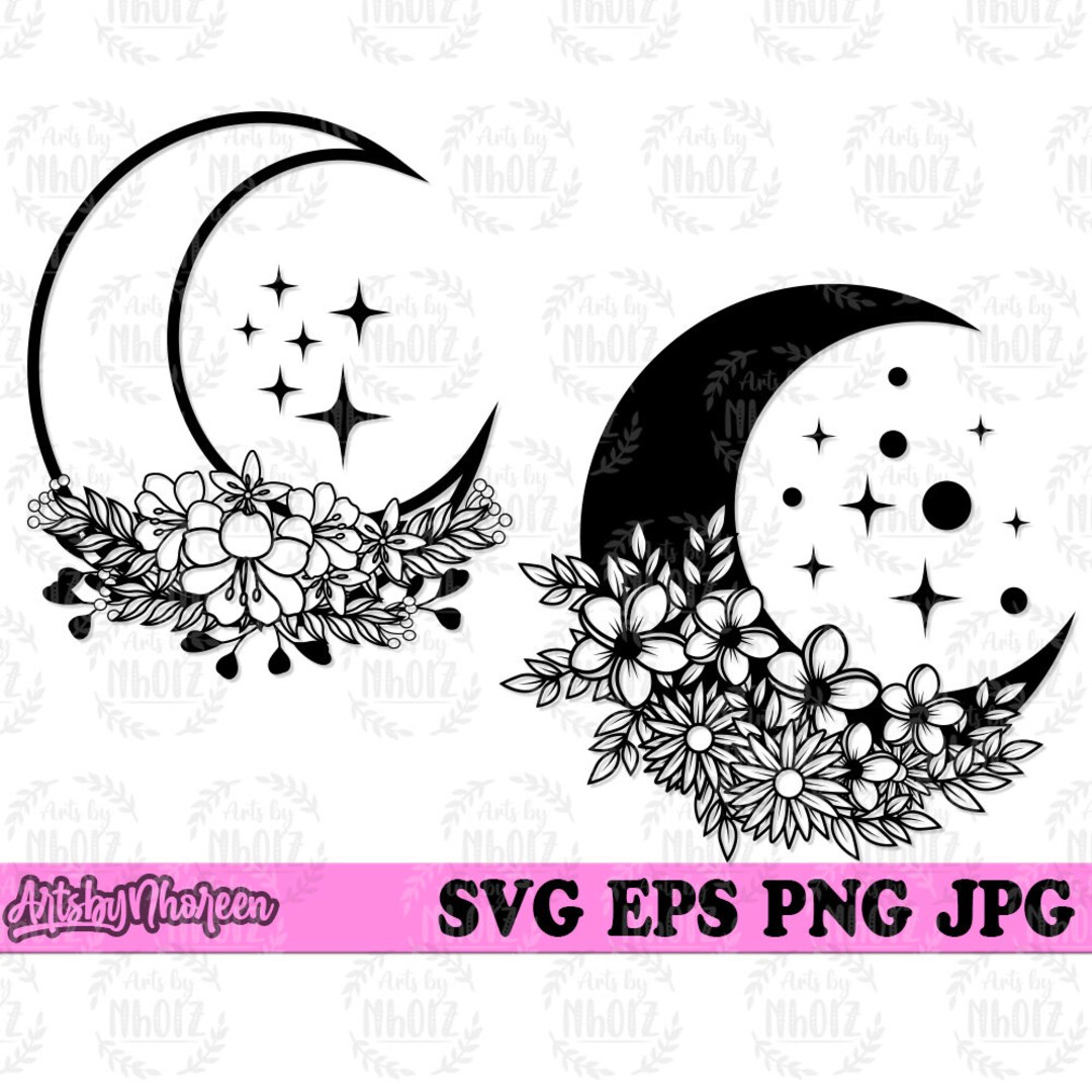 Moonshine Florals Svg, Flower Moon Clipart, Quarter Moon Stencil ...