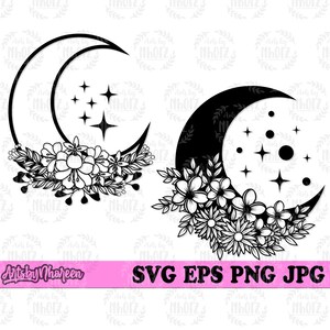 Moonshine Florals Svg, Flower Moon Clipart, Quarter Moon Stencil ...