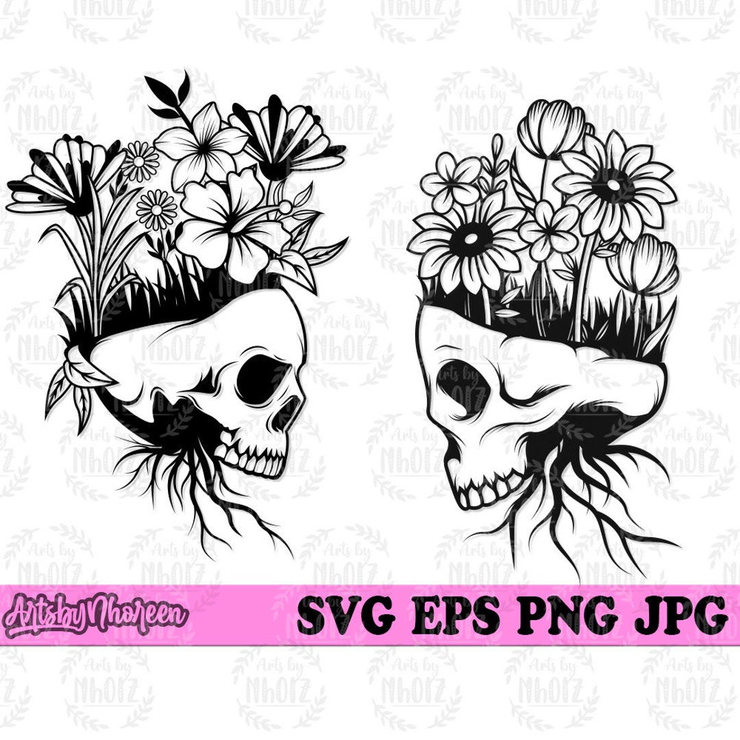 Floral Skull Svg, Flower Skull Clipart, Open Skull Head Dxf, Tree Skull ...