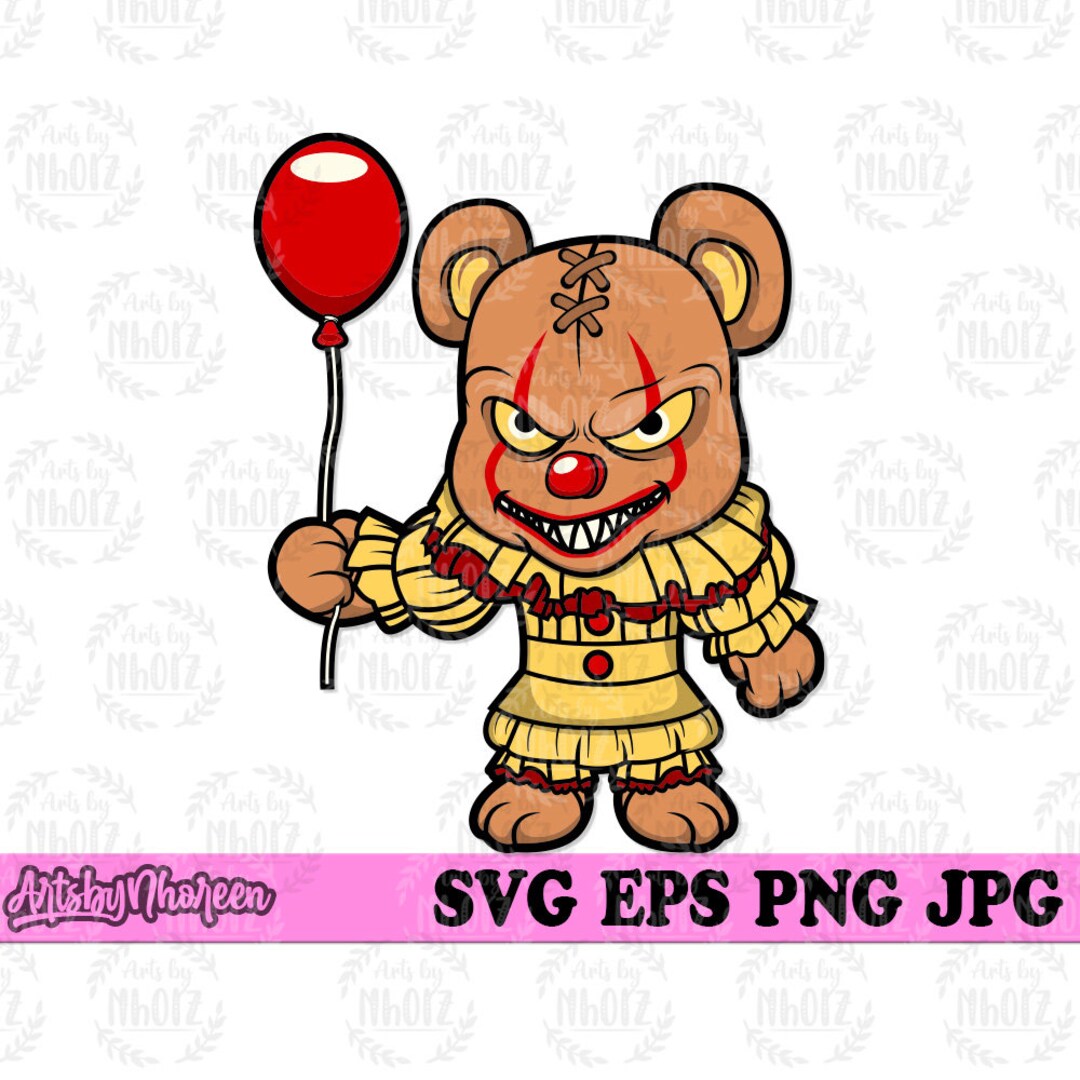 Teddy Evil Clown Svg | Scary Teddy With Red Balloon Clipart | Killer ...