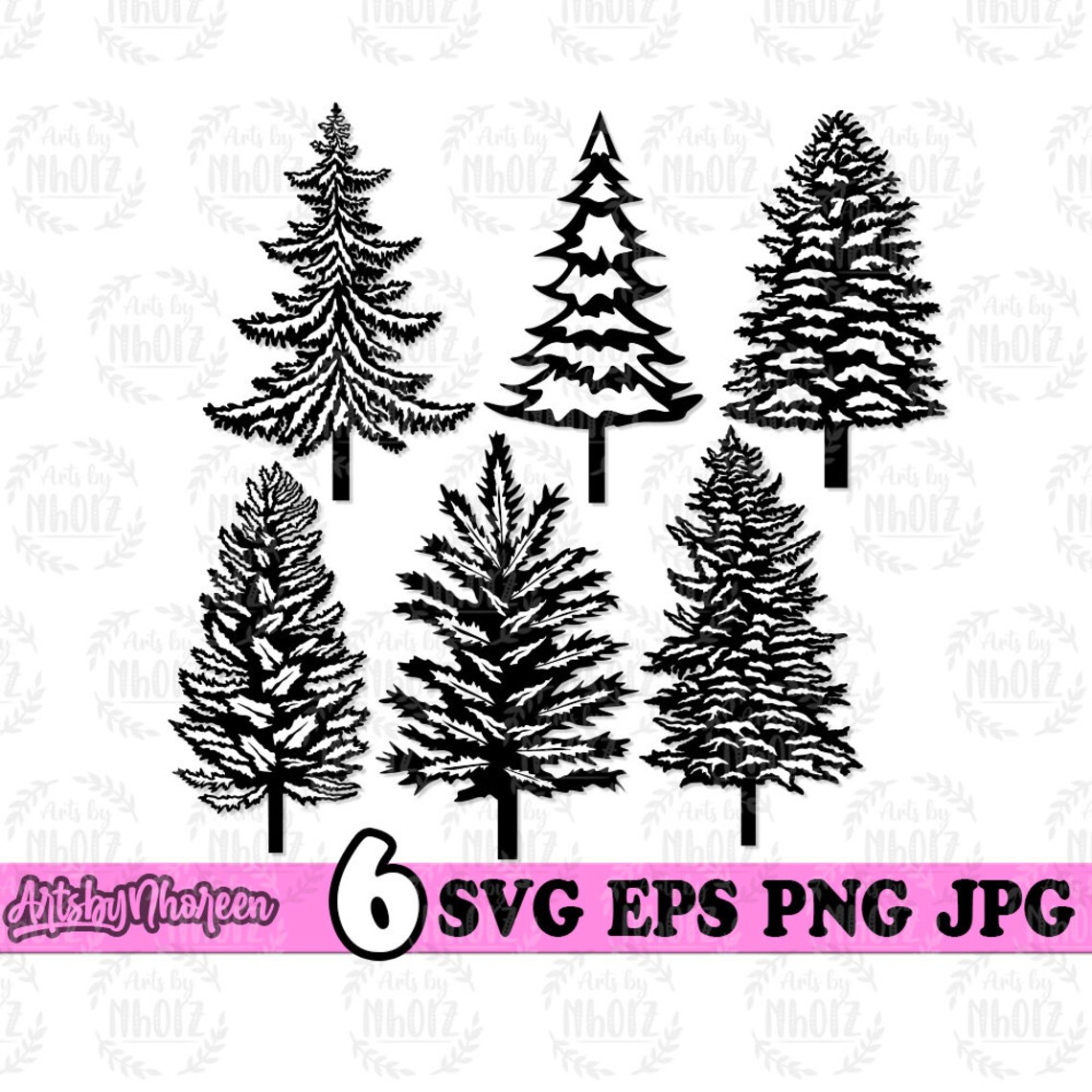 6 Pine Trees With Snow SVG Bundle, Christmas PNG Bundle, Merry and ...