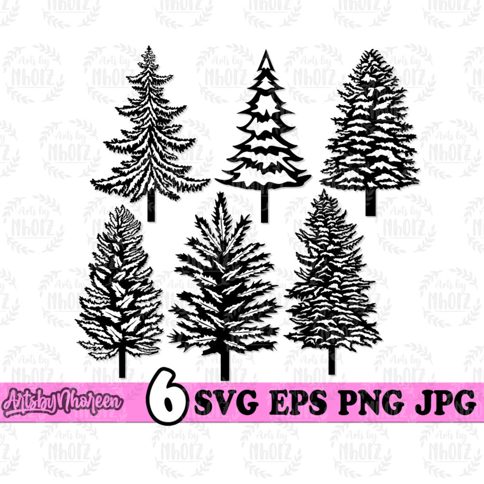 6 Pine Trees With Snow SVG Bundle, Christmas PNG Bundle, Merry and Bright Cut File, Winter Snow ...