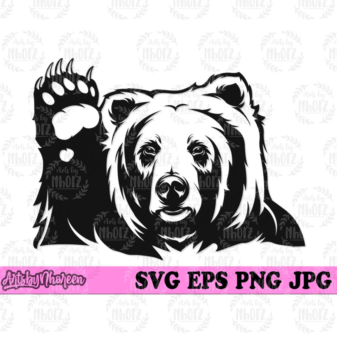 Peeking Bear Svg, Waving Hi Animal Clipart, Wild Life Beast Stencil ...
