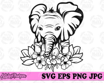 Cute Floral Elephant Svg Safari Animal Clipart Wild Life - Etsy