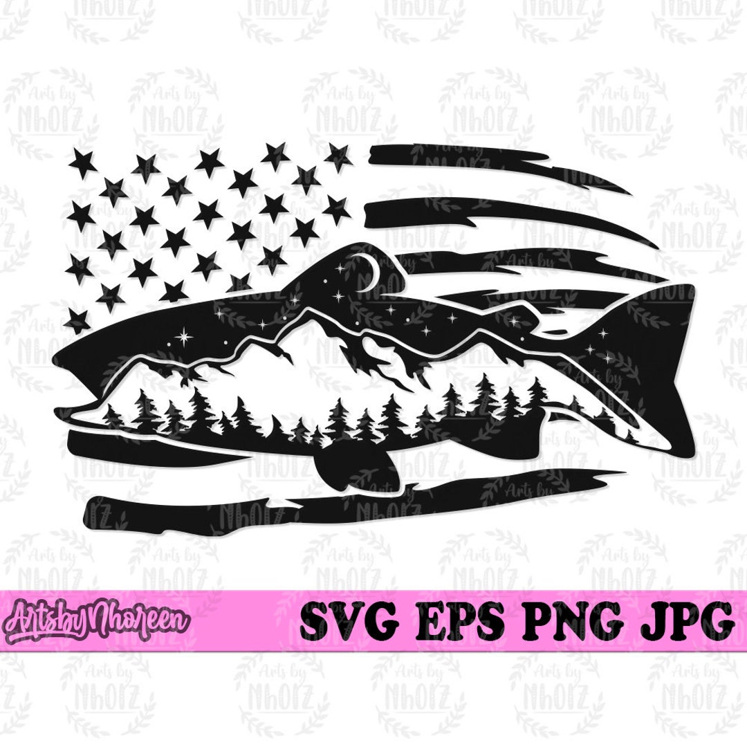 US Fish Outdoor Mountain Scene Svg, Fishing Clipart, Fish Stencil, Camp ...