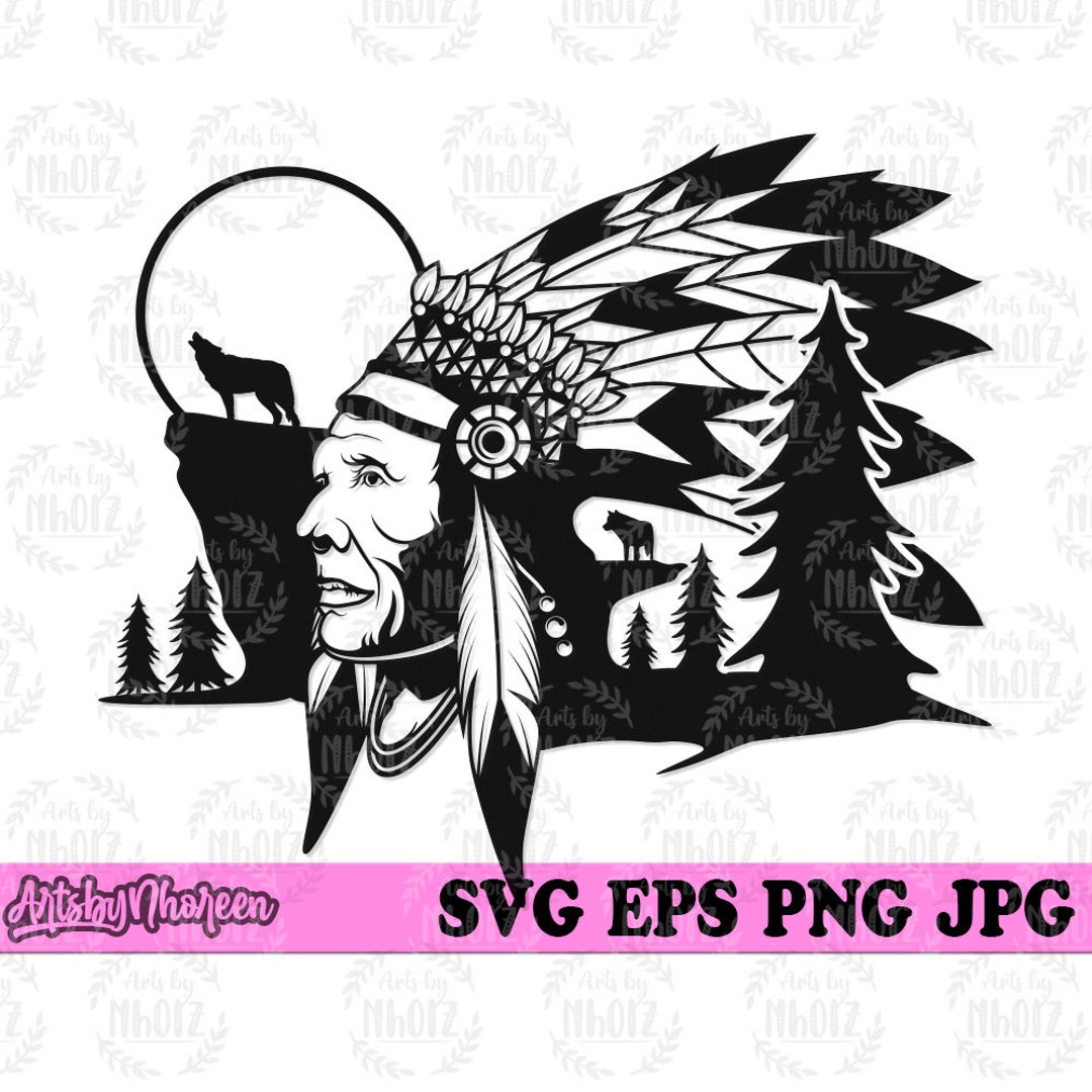 Native American Scene Svg, Ancient Tribe Clipart, Feather Headdress Cut ...