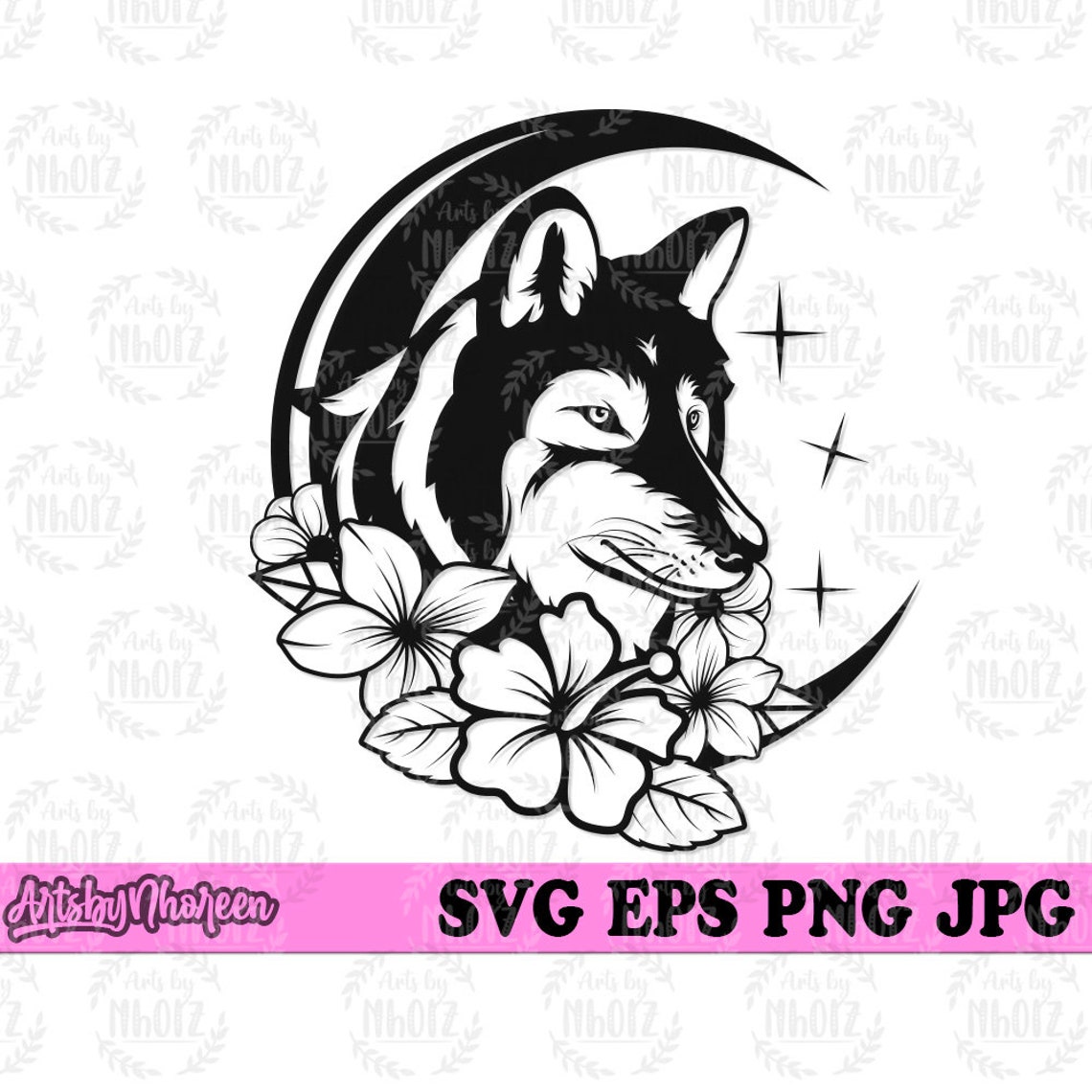 Floral Wolf Moon Svg Mystical Animal Clipart Celestial Wild - Etsy