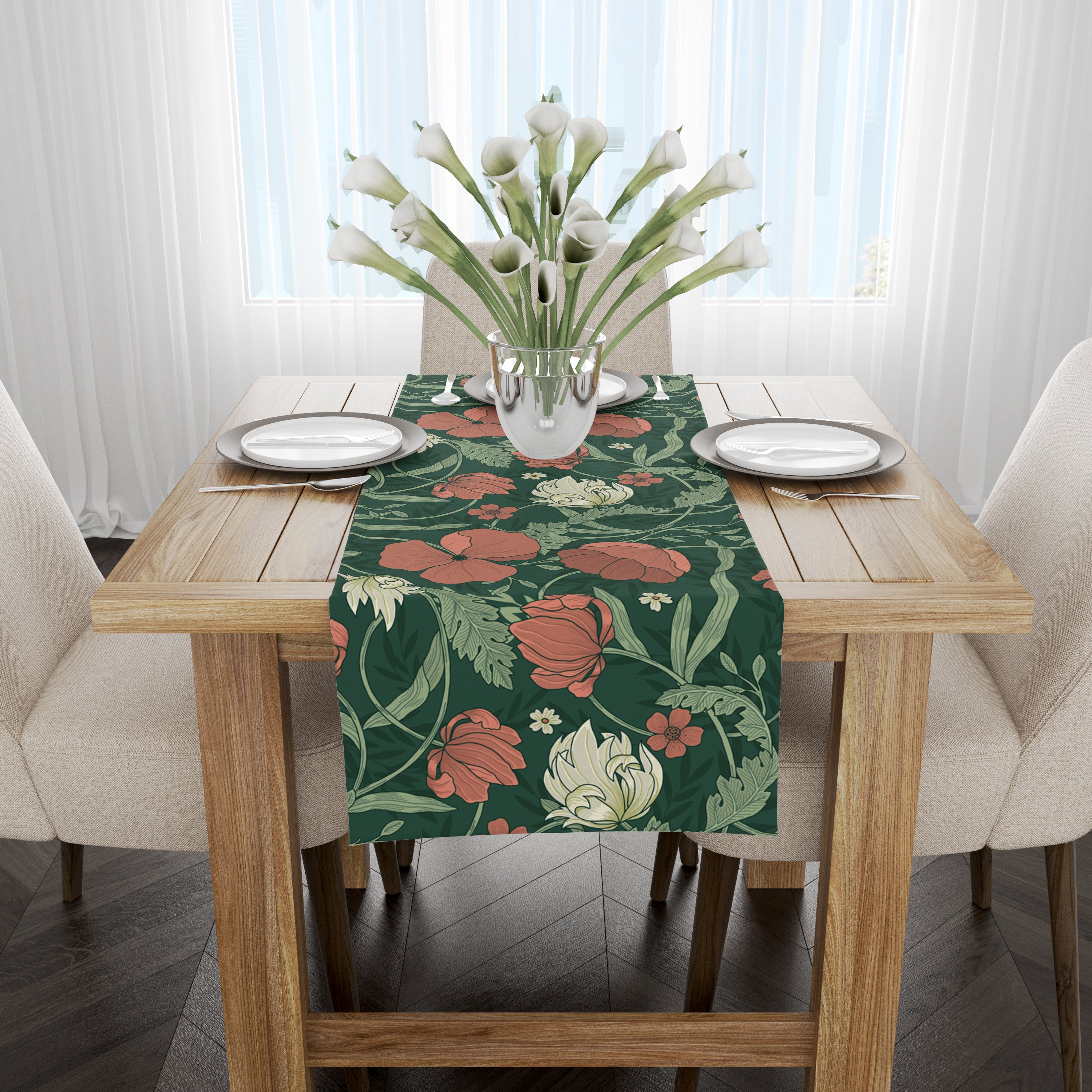 Floral Boho Table Runner, Flower Pattern Kitchen Runner, Blue & Green ...