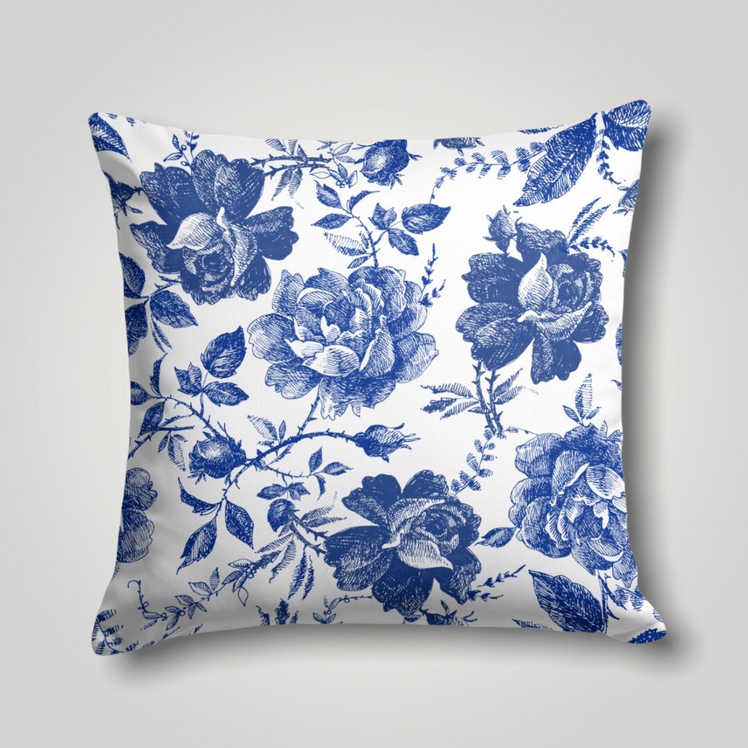 Blue & White Floral Pillow Cover Rose Flower Pillow Case - Etsy