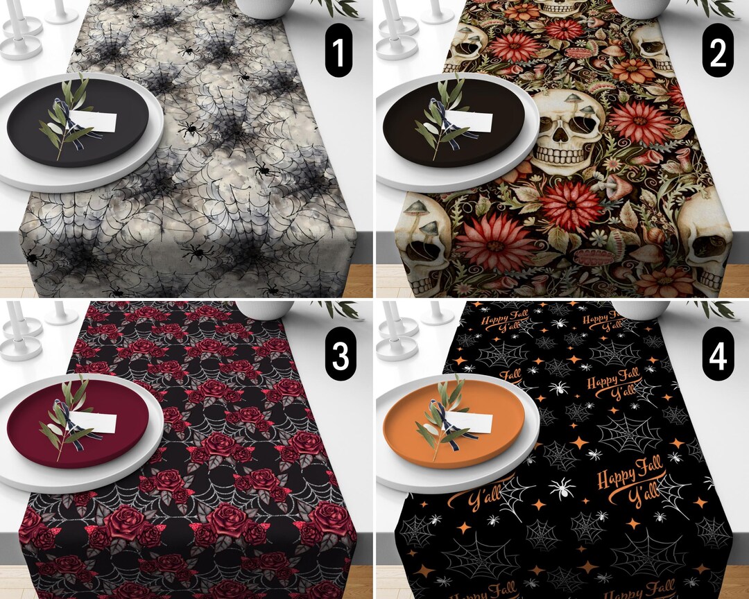 Gothic Black Halloween Table Runner, Spooky Cobweb & Skull Table Runner ...