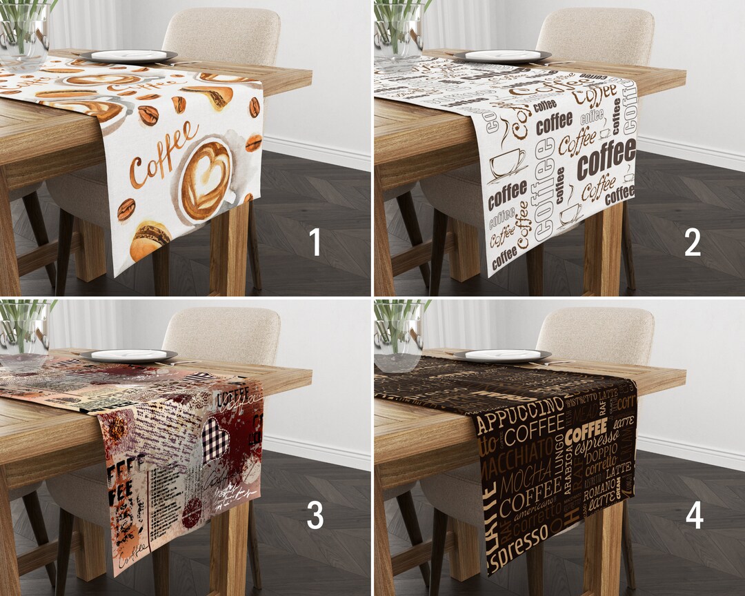 Coffee Table Runner, Coffee Words Art Runner, Brown Quoted Tablecloth ...