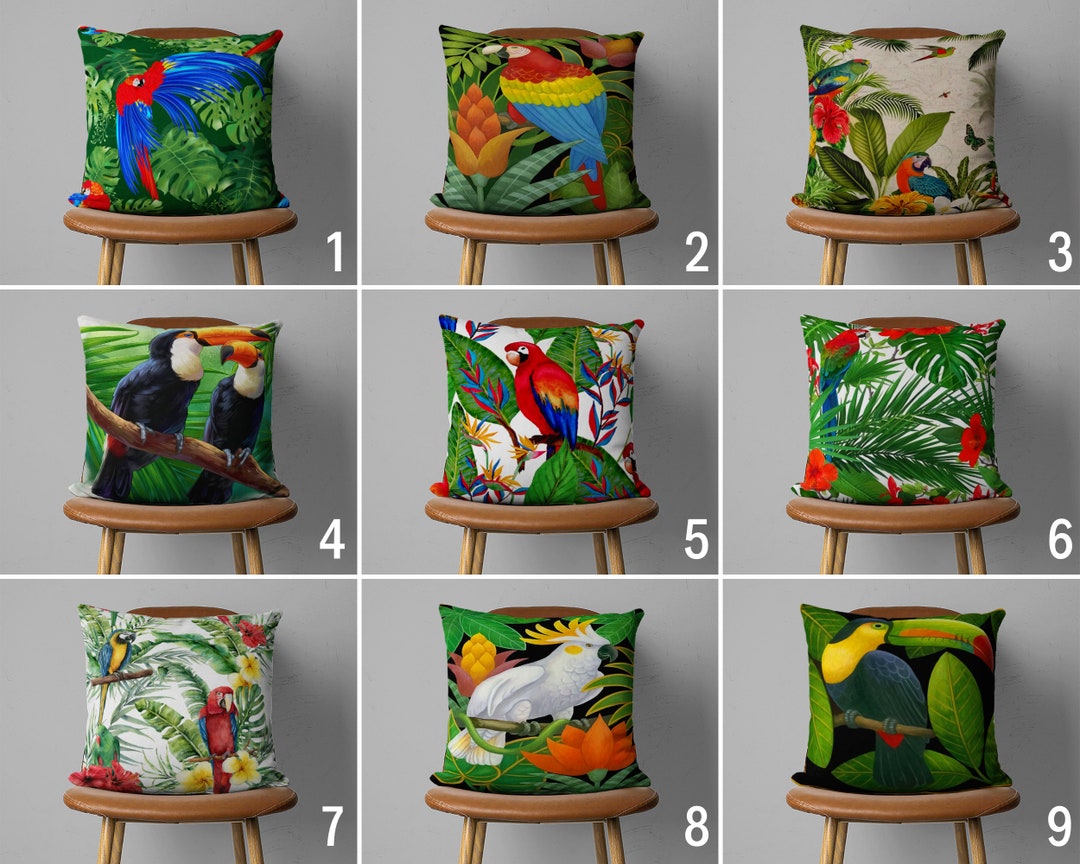 Vibrant Toucan & Parrot Pillow Cover, Tropical Birds Cushion Cover ...