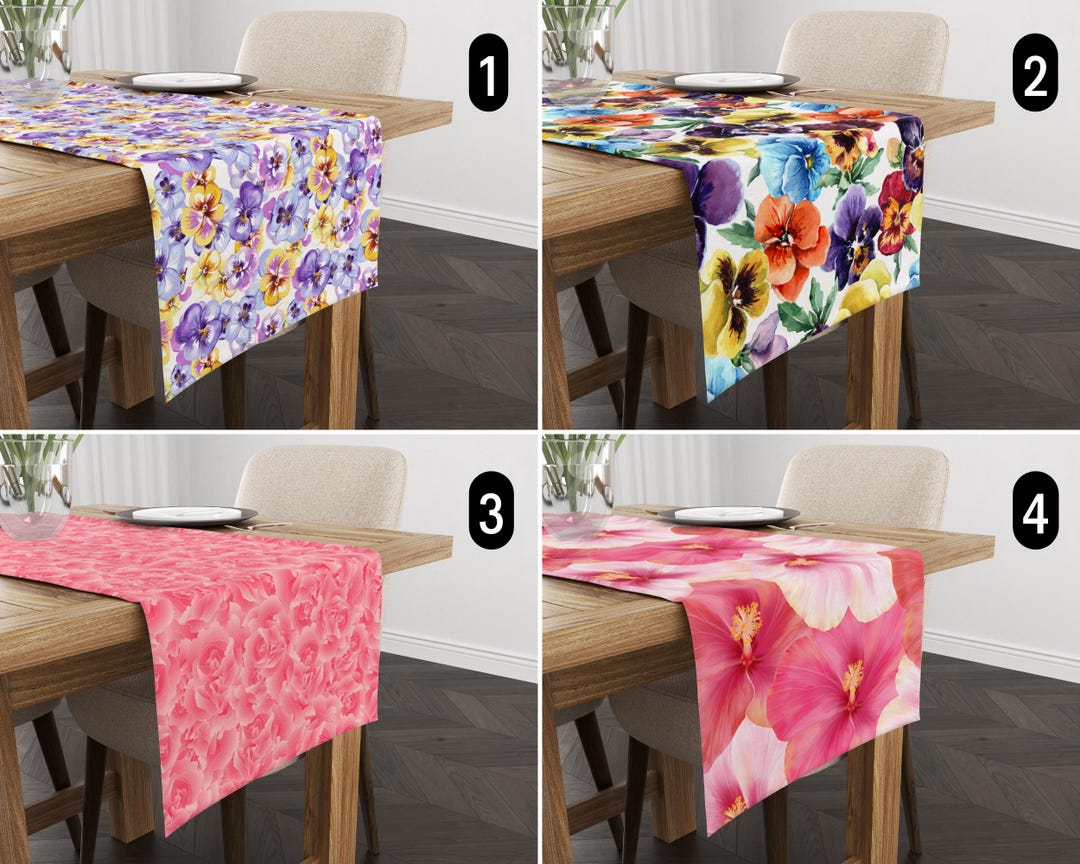 Pansy Hibiscus & Rose Design Table Runner, Purple Pink Flowers Table ...