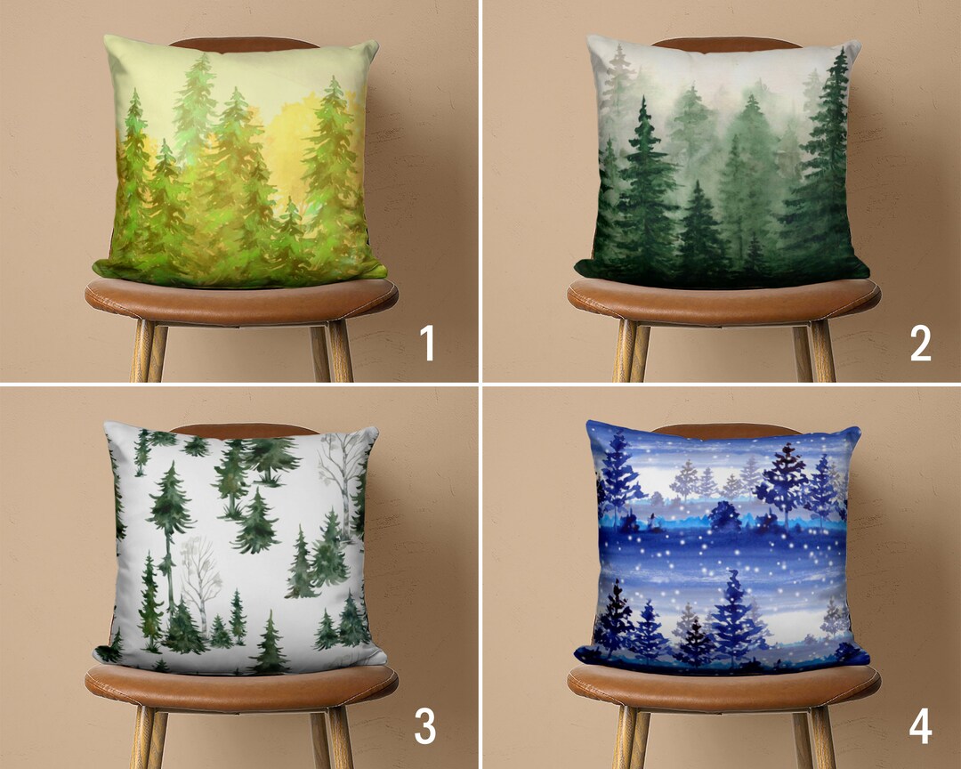 Pine Trees Pillow Cover, Green & Blue Pine Pillow Case, Winter Cushion ...