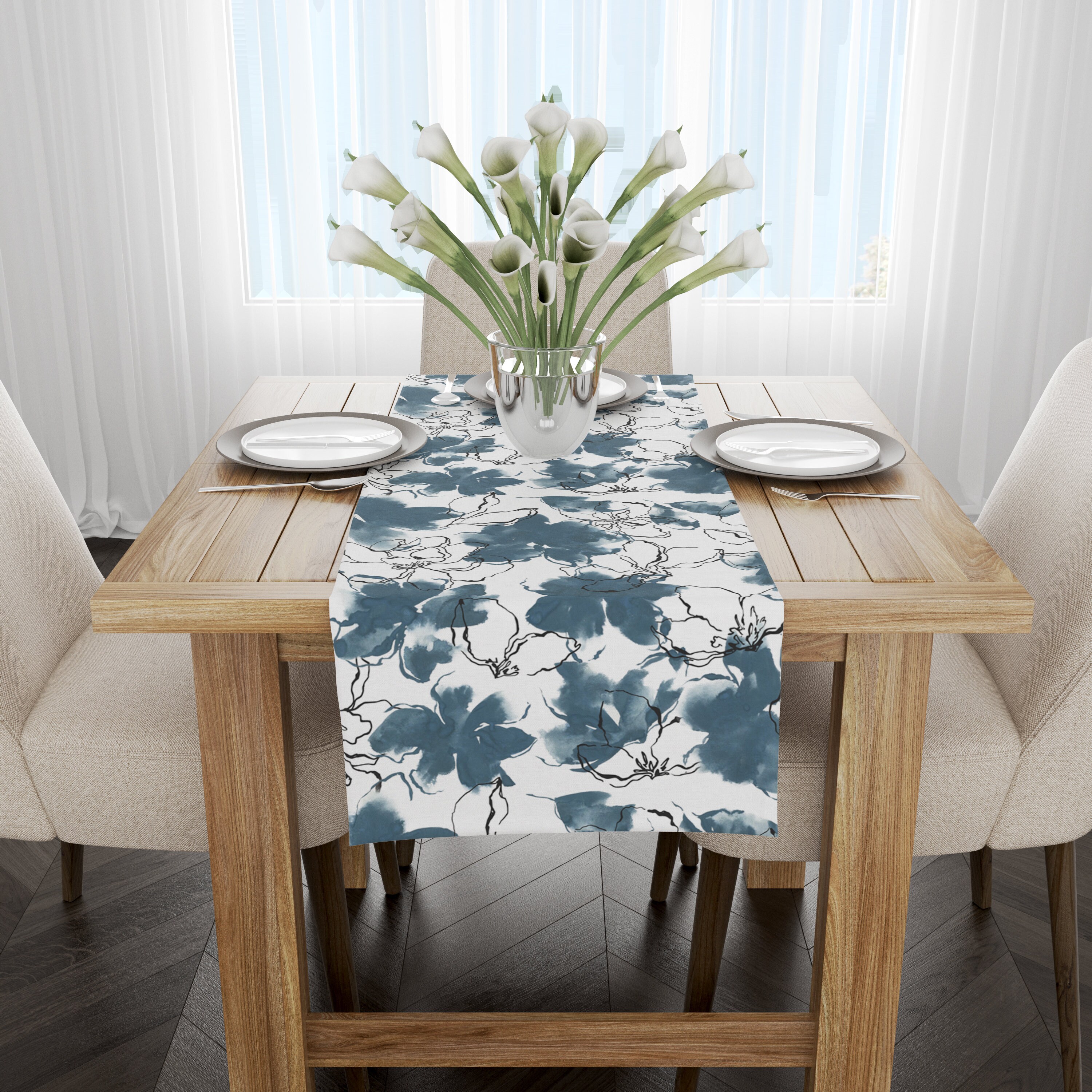 Floral Boho Table Runner Flower Pattern Kitchen Runner Blue | Etsy