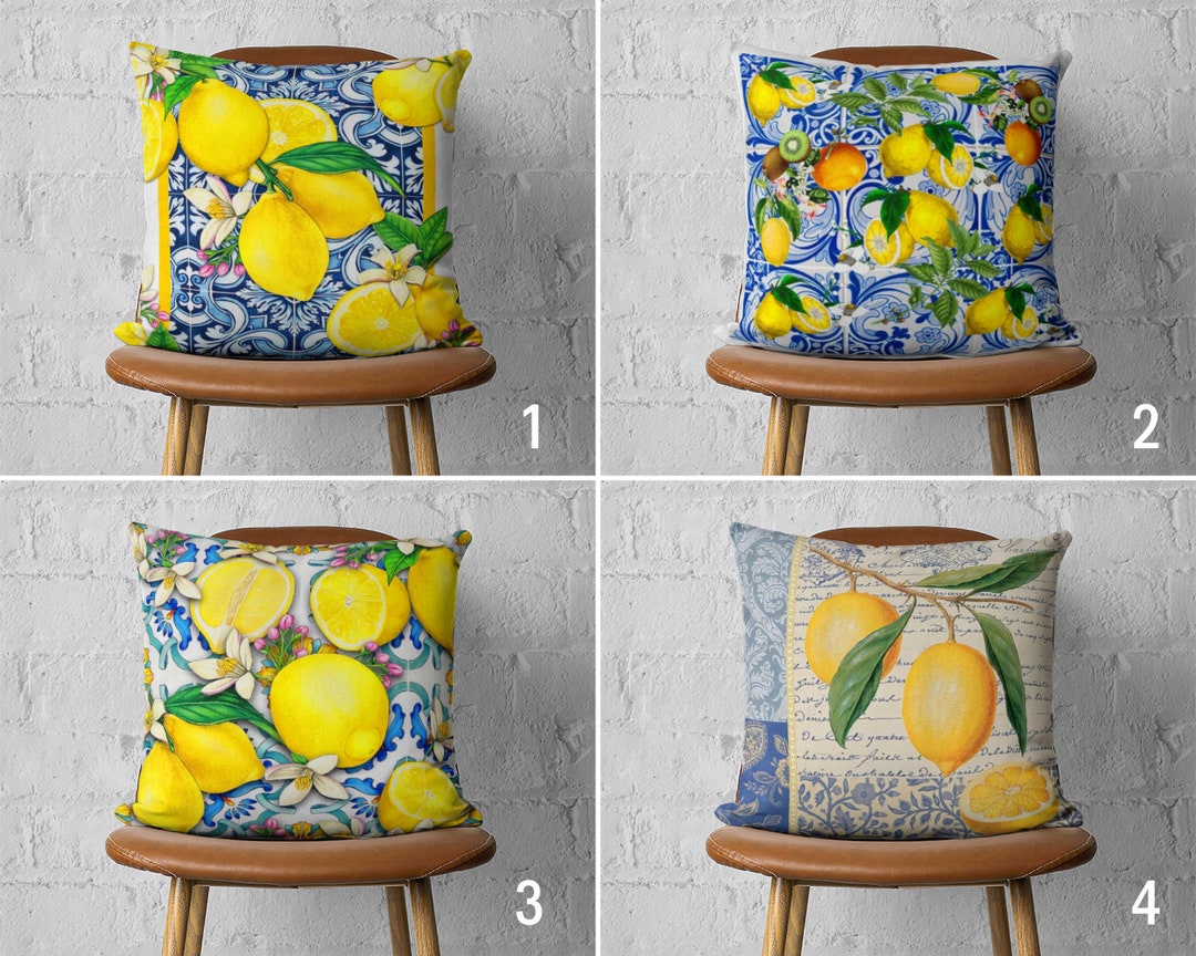 Lemon on Tile Pillow Cover, Mediterranean Citrus Pillow Case, Yellow ...