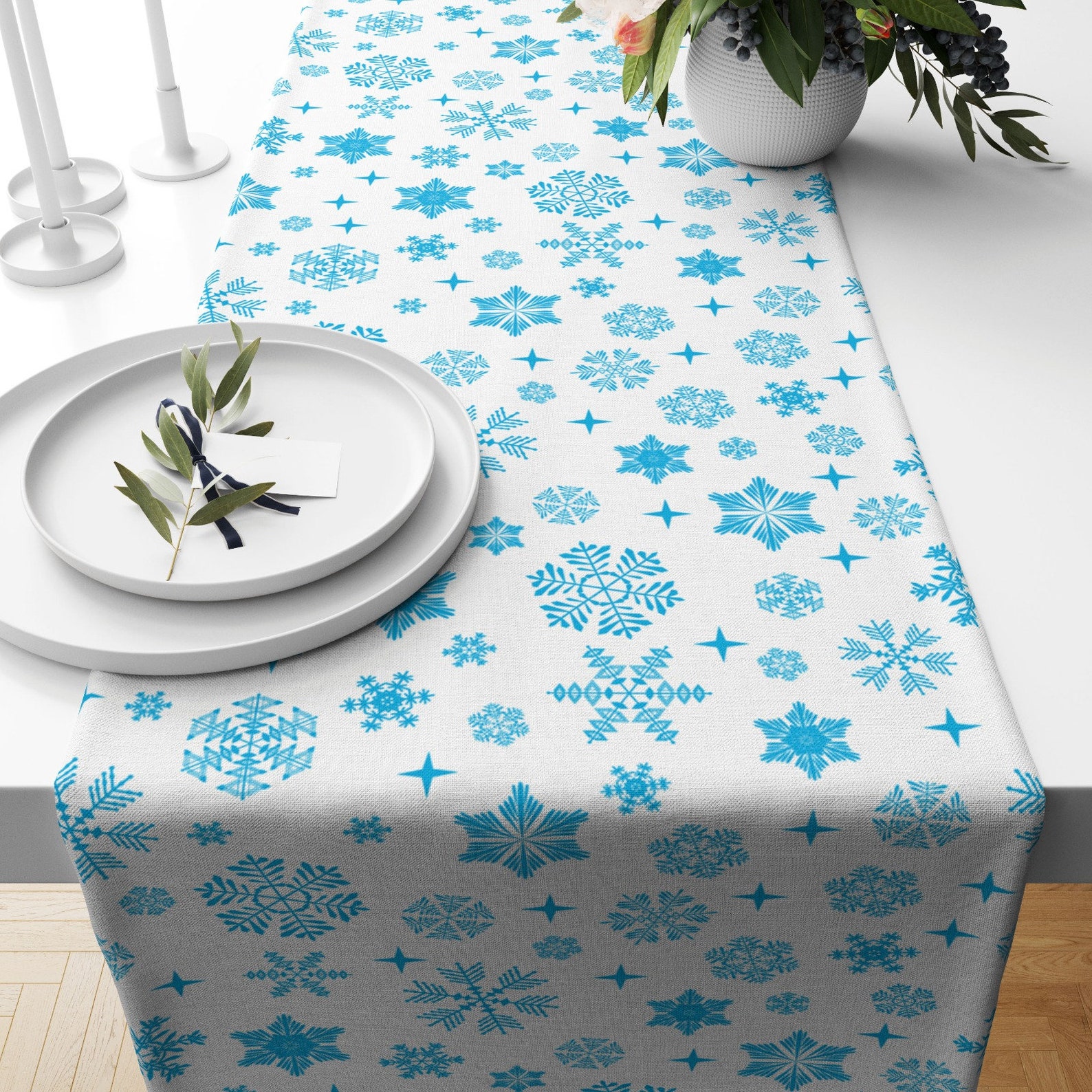 Blue Snowflakes Table Runner, Snowy Winter Runner, Christmas Tablecloth ...