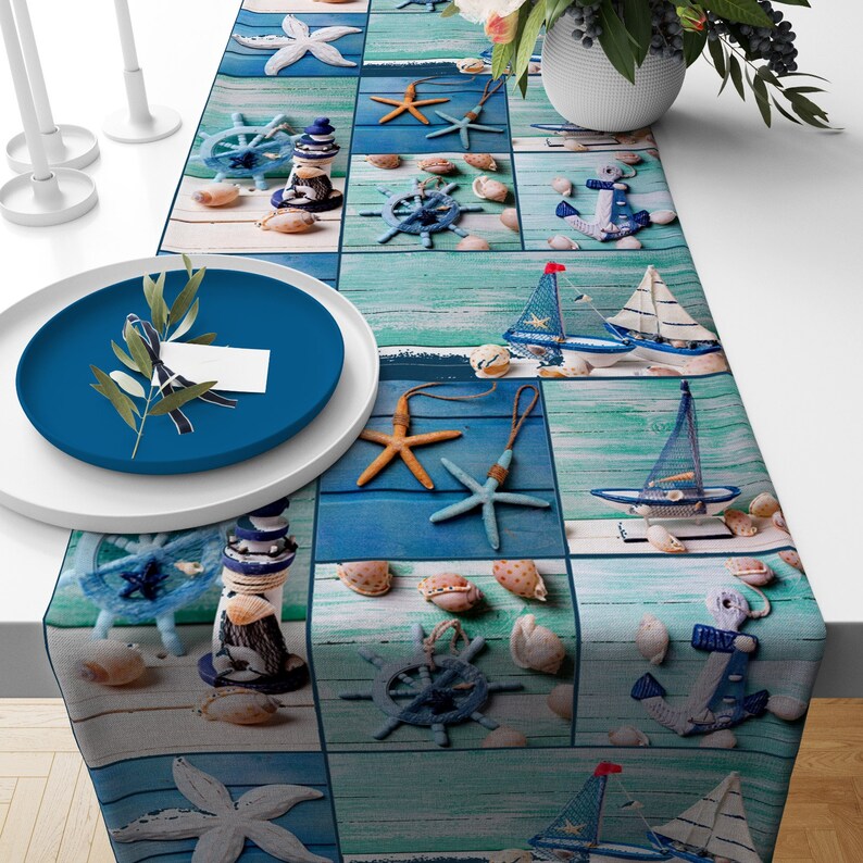 Coastal Marine Table Runner, Fish & Lobster Design Kitchen Runner, Blue ...