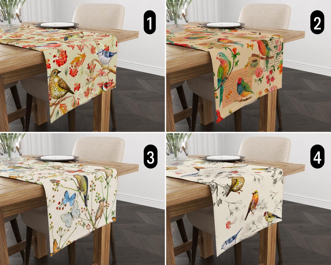 Vintage Birds Table Runner, Digital Print Spring Flowers Butterflies ...