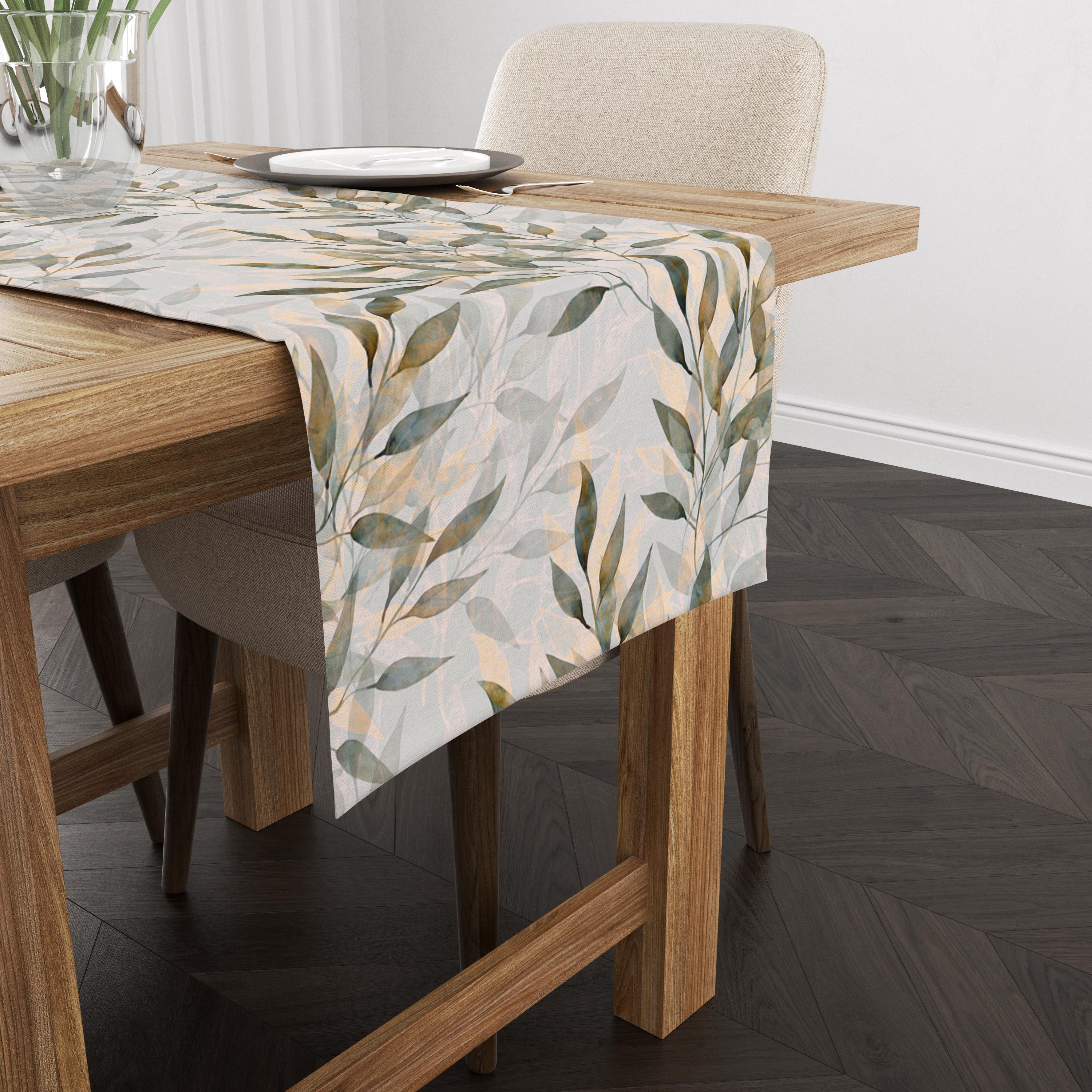 Modern Leafy Design Table Runner, Watercolor Botanical Foliage Runner ...