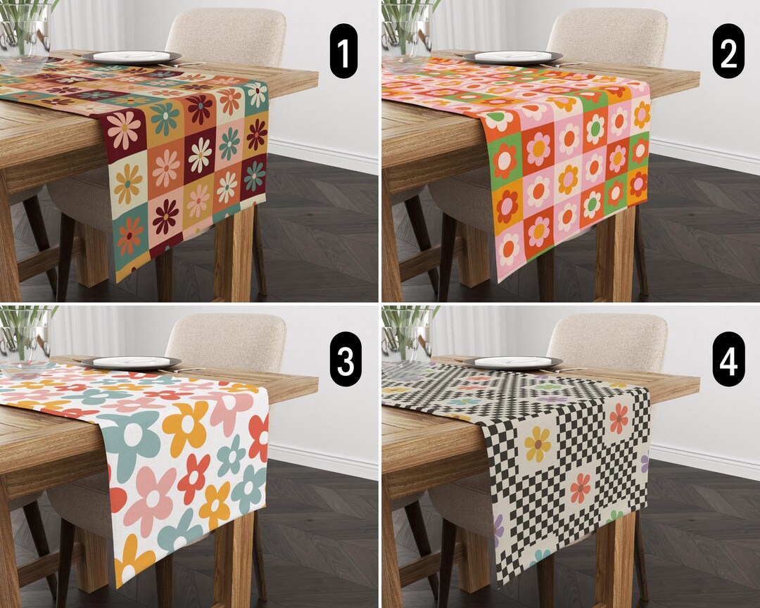 Floral Mid Century Modern Table Runner, Colorful Retro Flowers on ...