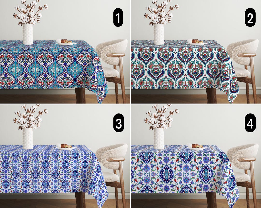 Blue Turkish Tiles Tablecloth, Traditional Ottoman Tulips Tablecloth ...