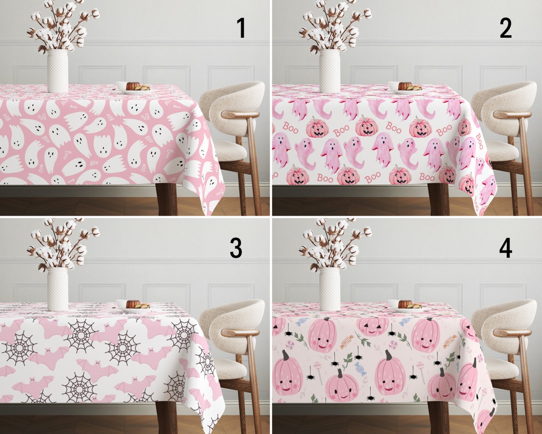 Cute Pink Halloween Tablecloth, Halloween Ghosts Bats Tablecloth, Fall ...