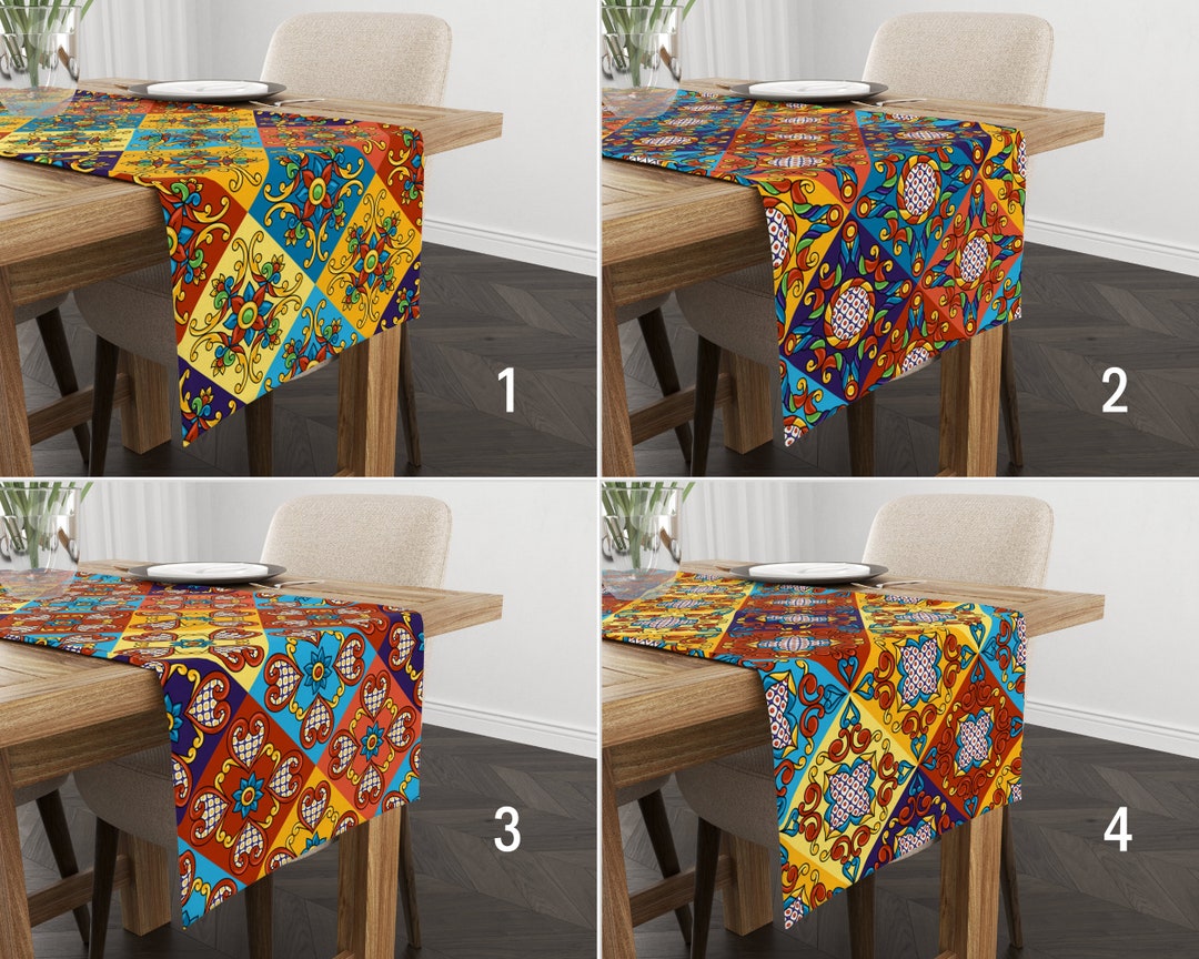 Vivid Tile Design Table Runner, Colorful Bright Ethnic Runner ...