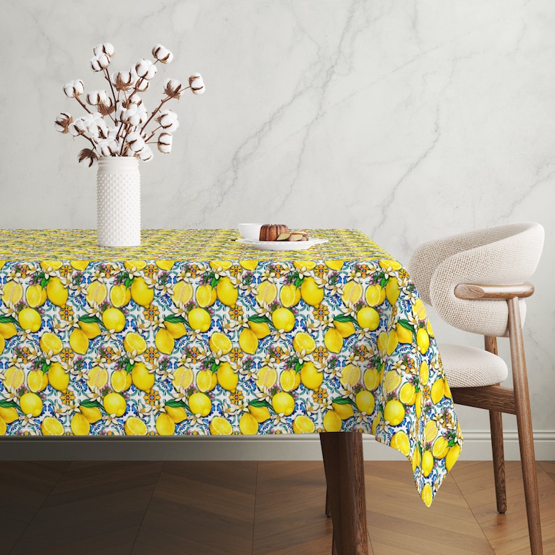 Tile & Lemon Design Summer Tablecloth, Blue Yellow Italian Sicilian ...