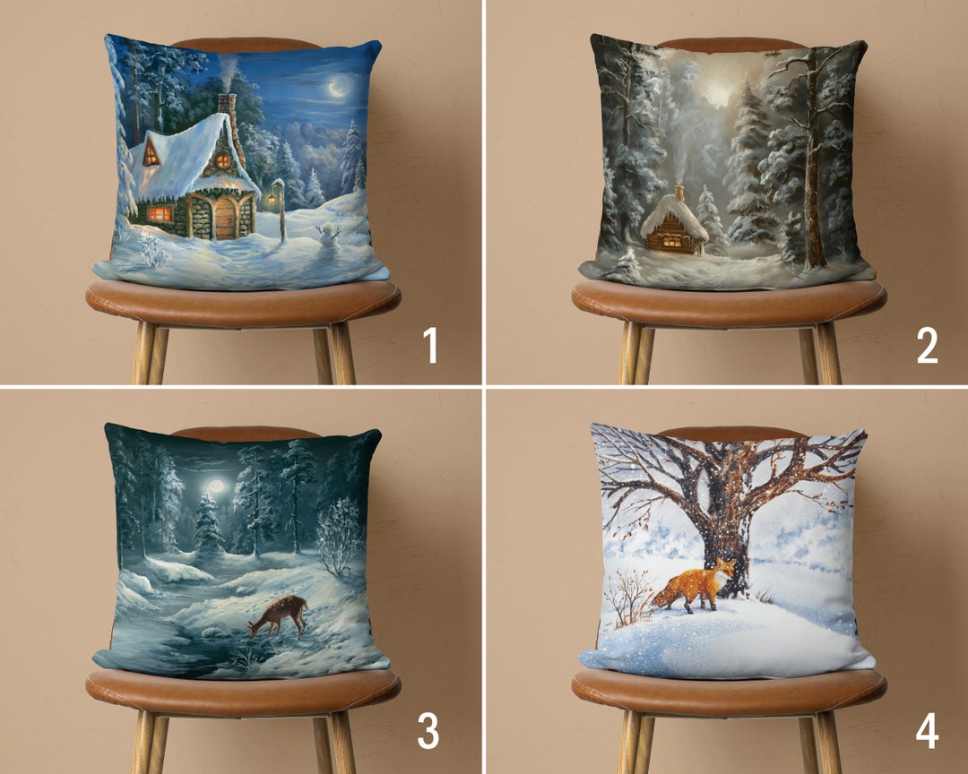 Winter Scenery Pillow Cover, Snowy Landscape Cushion Cover, Christmas ...