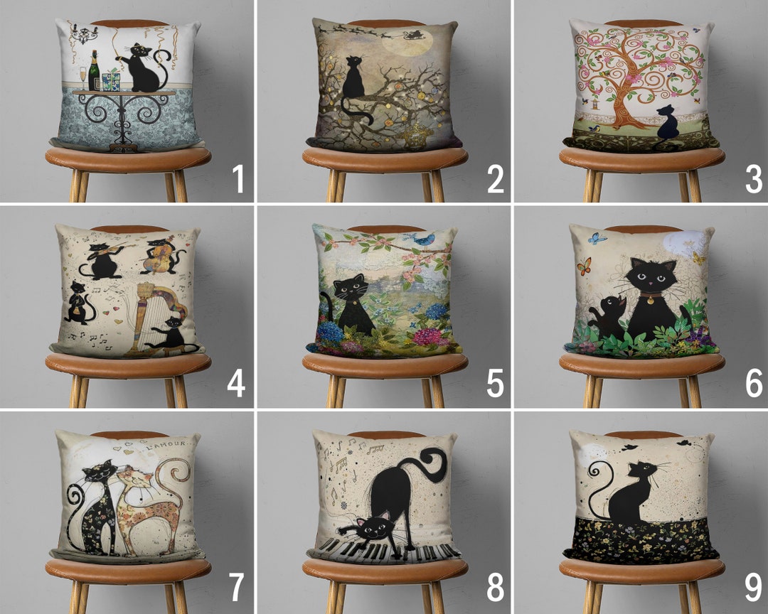 Black Cat Design Pillow Cover, Cute Funny Cat Cushion Cover, Animal ...