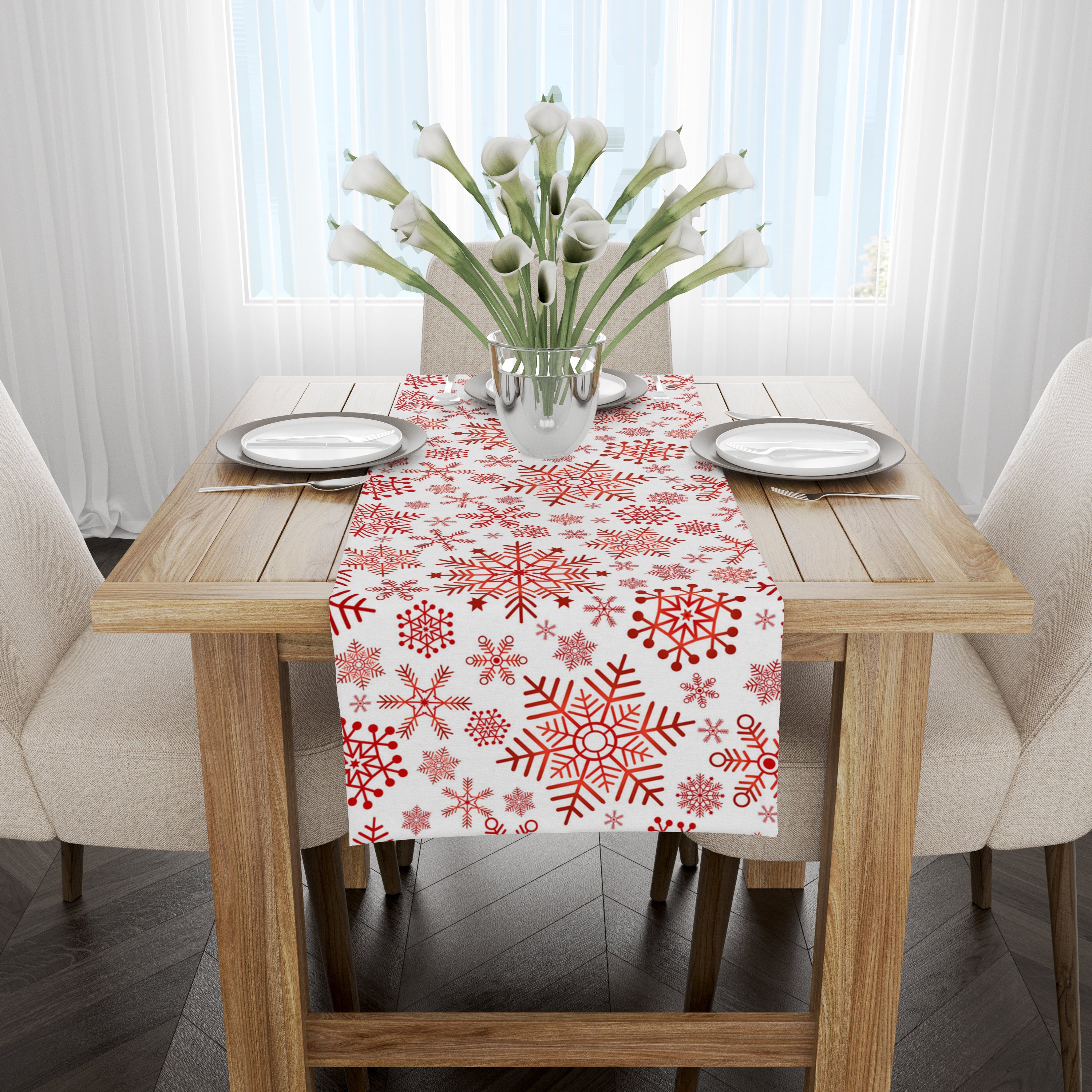 Red Christmas Table Runner, Snowflake Design Runner, Red Xmas Kitchen ...