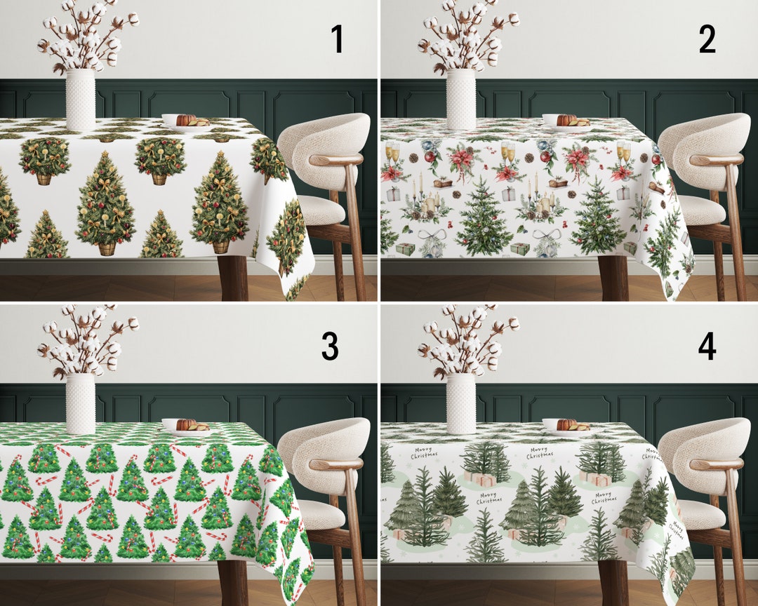 Festive Christmas Tree Tablecloth, Green Pine Trees Tablecloth, Joyful ...