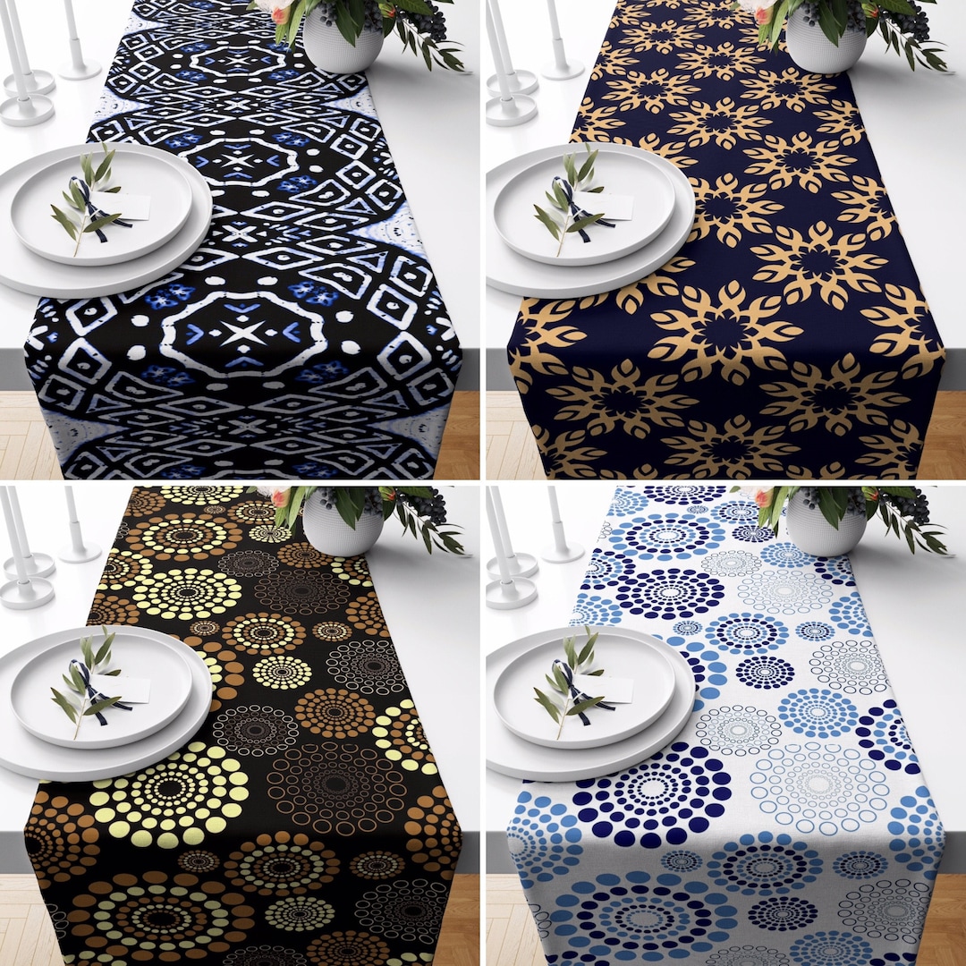 Geometric Runner, Modern Abstract Table Runner, Blue & Black Cotton ...