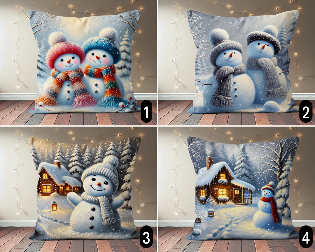 Cute Snowman With Scarf Pillow Cover, Snowy Winter Holiday Scene Pillow ...