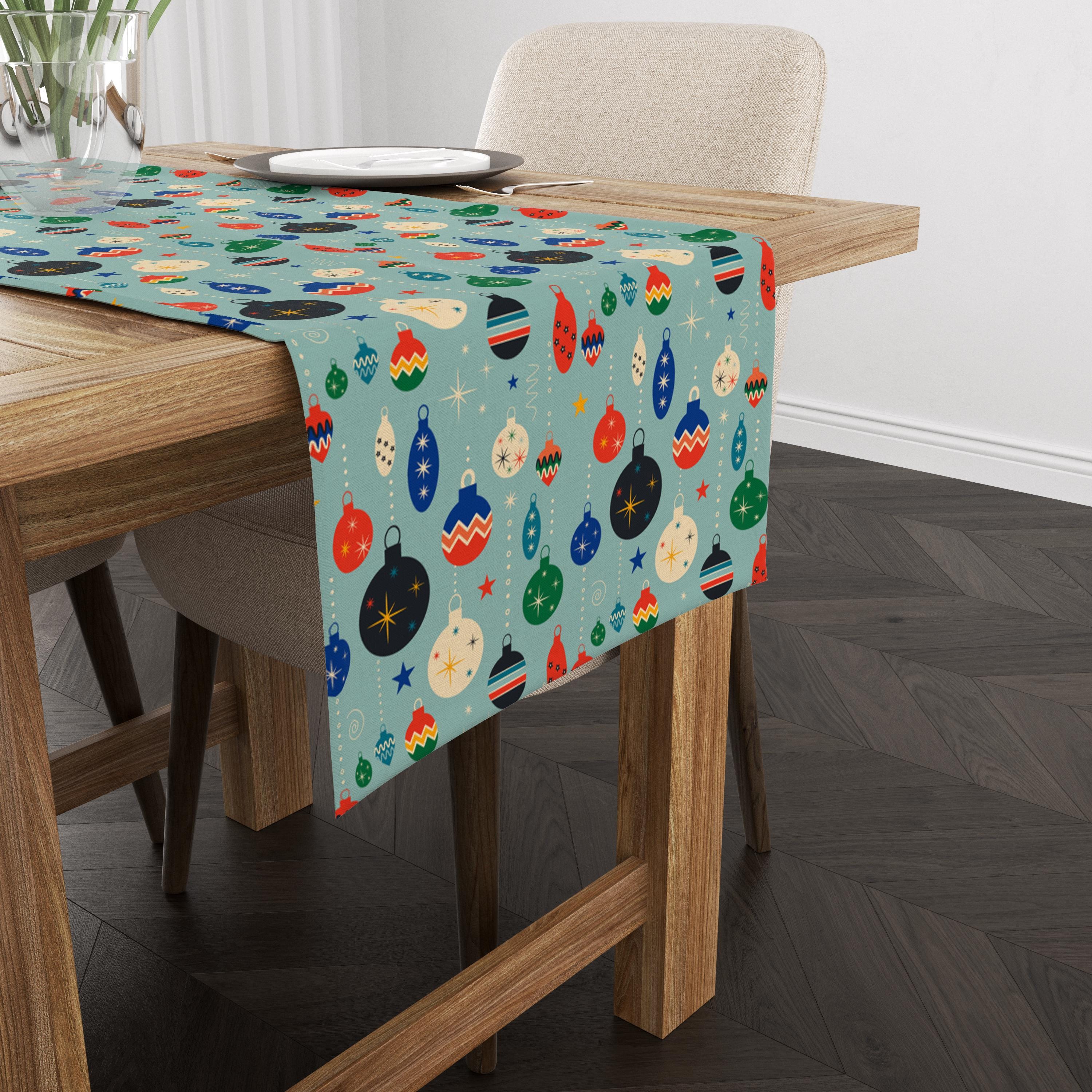 Retro Christmas Ornaments Runner, Festive Baubles Table Runner, Joyful ...