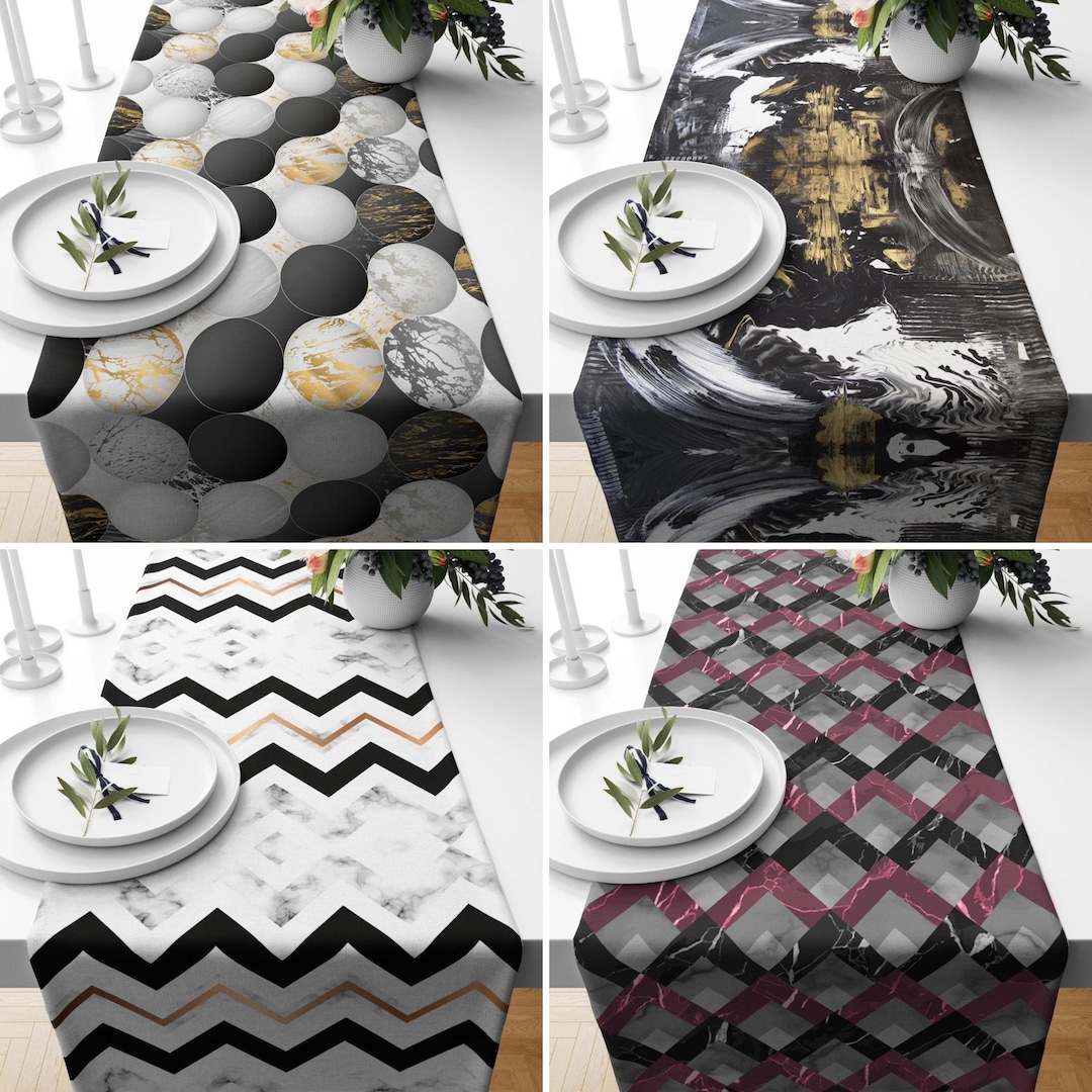 Marble Pattern Runner, Modern Table Runner, Abstract Tablecloth, Black ...