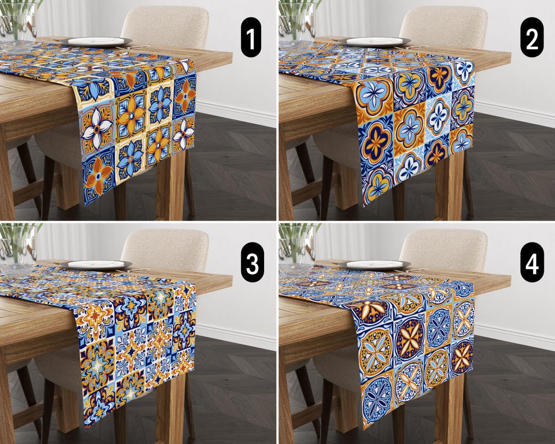 Mediterranean Tile Pattern Table Runner, Geometric Spanish Mosaic ...