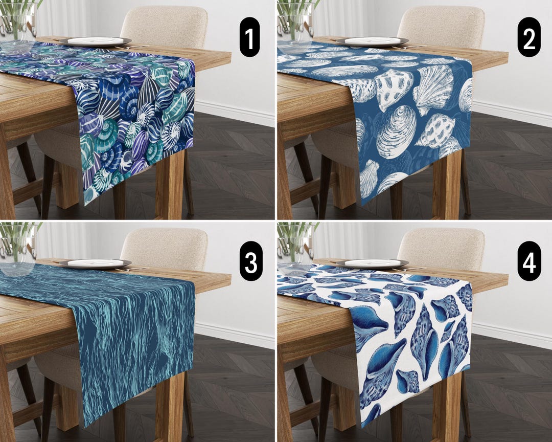 Blue Seashells & Ocean Waves Table Runner, Marine Sea Life Runner, Nautical Coastal Kitchen ...
