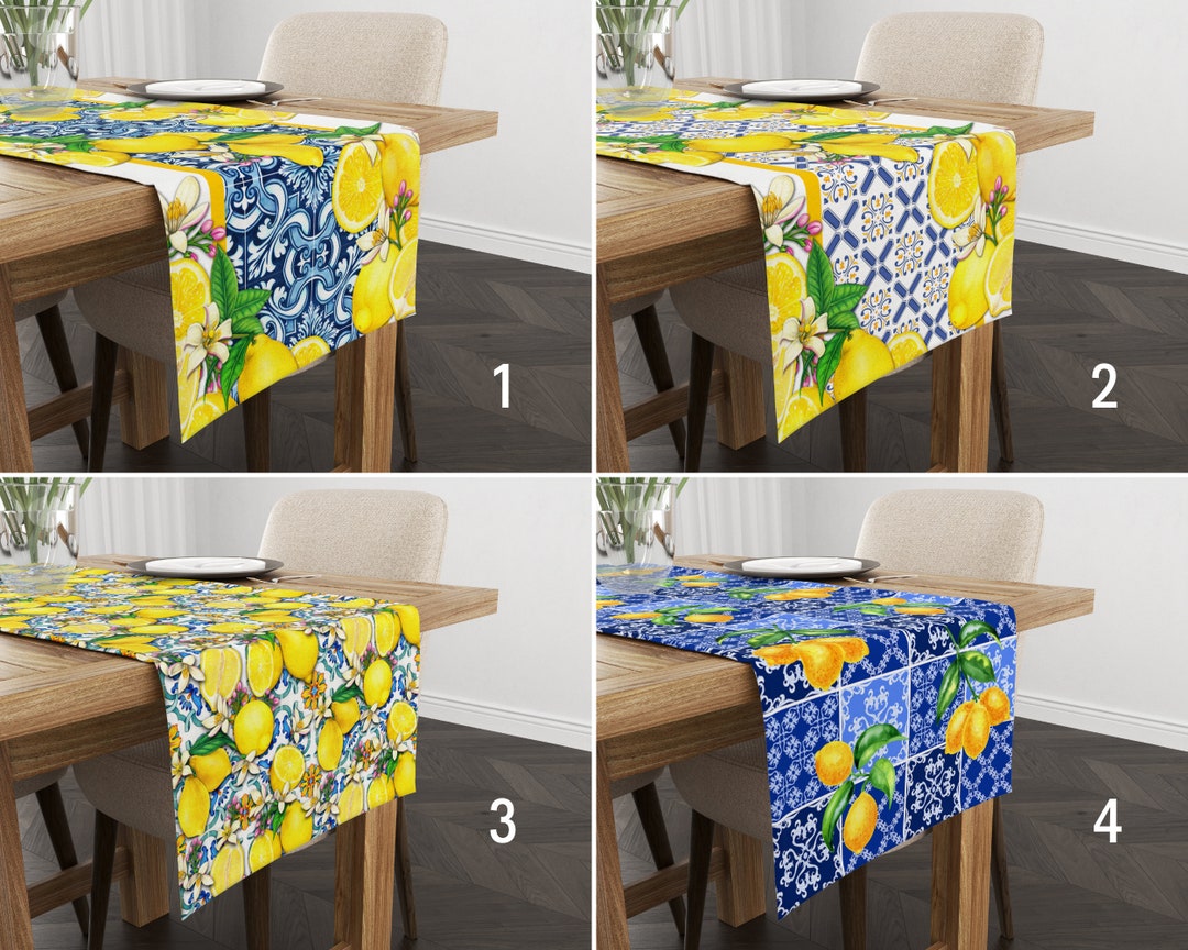 Lemon on Tile Table Runner, Blue Yellow Italian & Spanish Style Runner ...