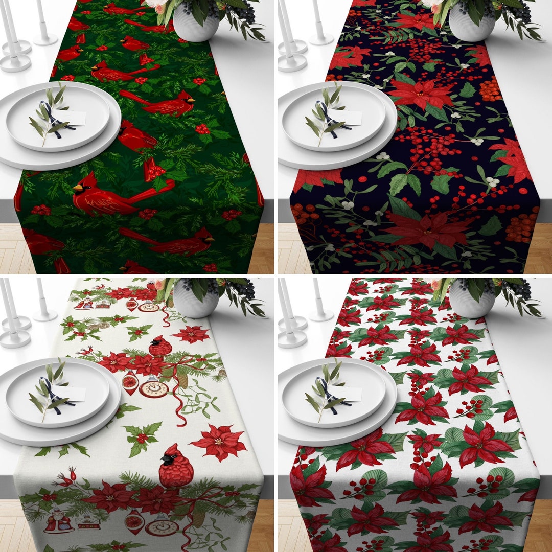 Red Cardinal Bird Table Runner, Red Christmas Flower Kitchen Runner ...