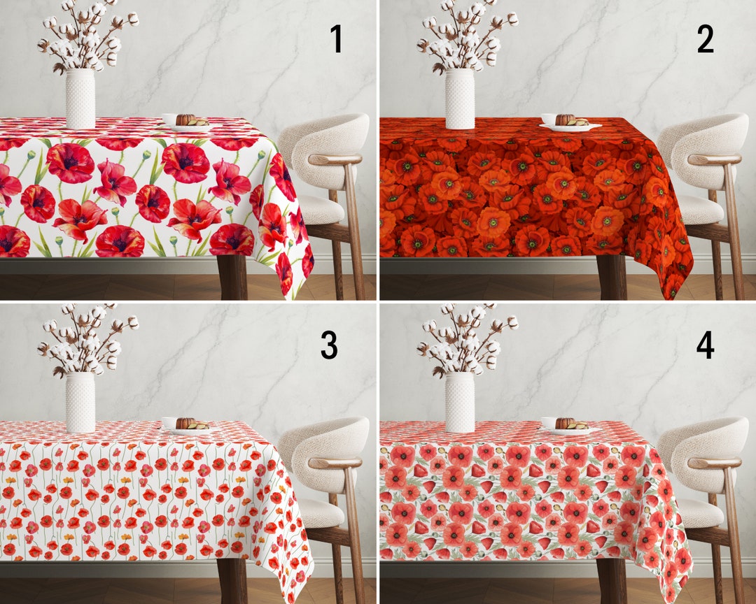 Red Poppy Tablecloth, Floral Spring Summer Tablecloth, Poppy Flower ...