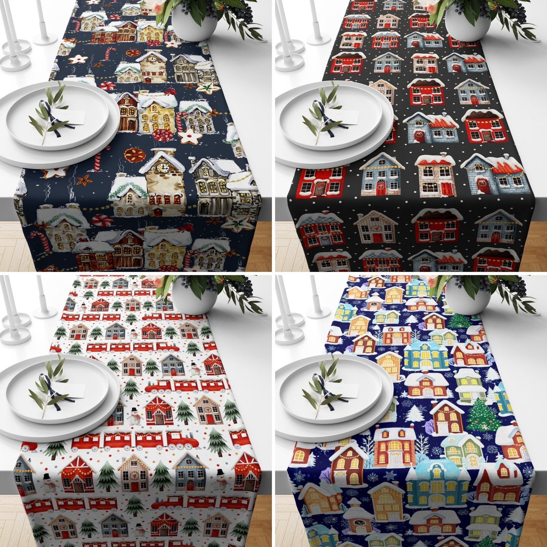 Winter House Design Table Runner, Red Snowy Cozy House Runner, Winter ...