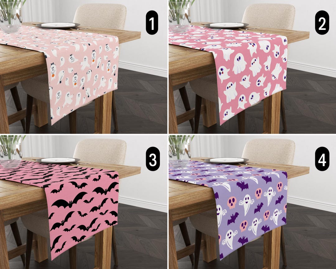 Pink Purple Halloween Table Runner, Cute Halloween Ghosts & Bats Design ...