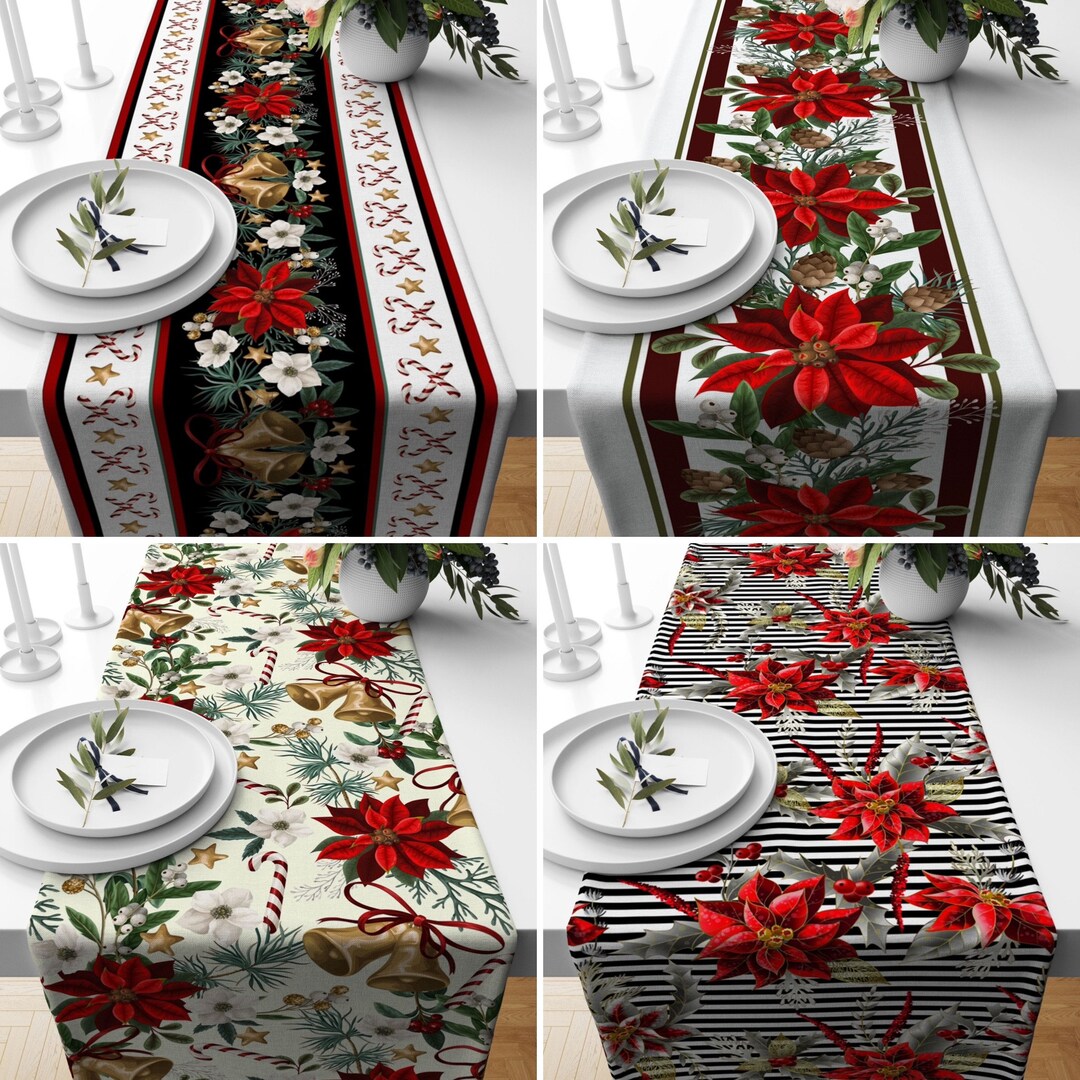 Red Christmas Flower Runner, Lively Floral Kitchen Table Runner, Jingle ...