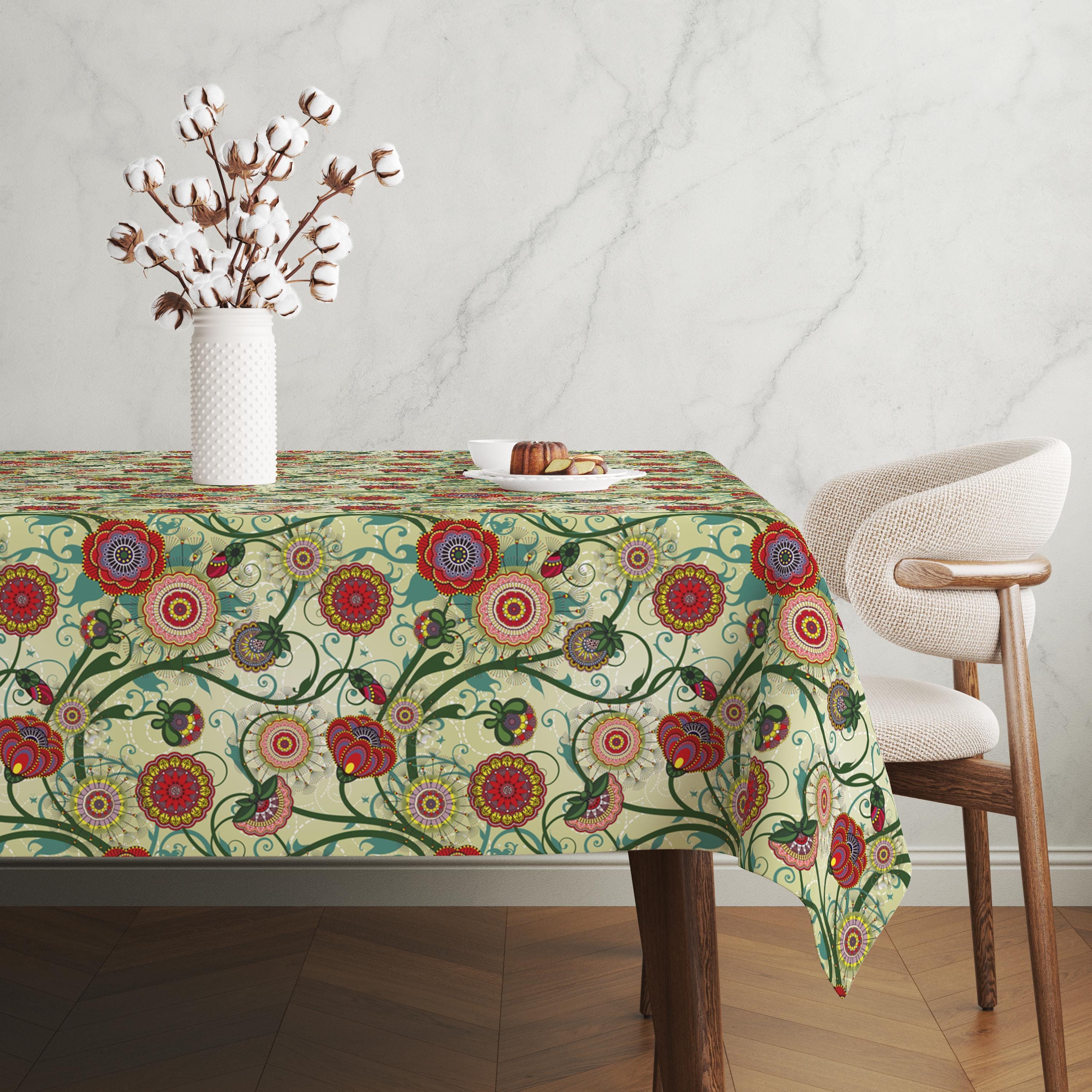 Boho Rustic Floral Tablecloth, Abstract Vintage Fall Flowers Tablecloth ...